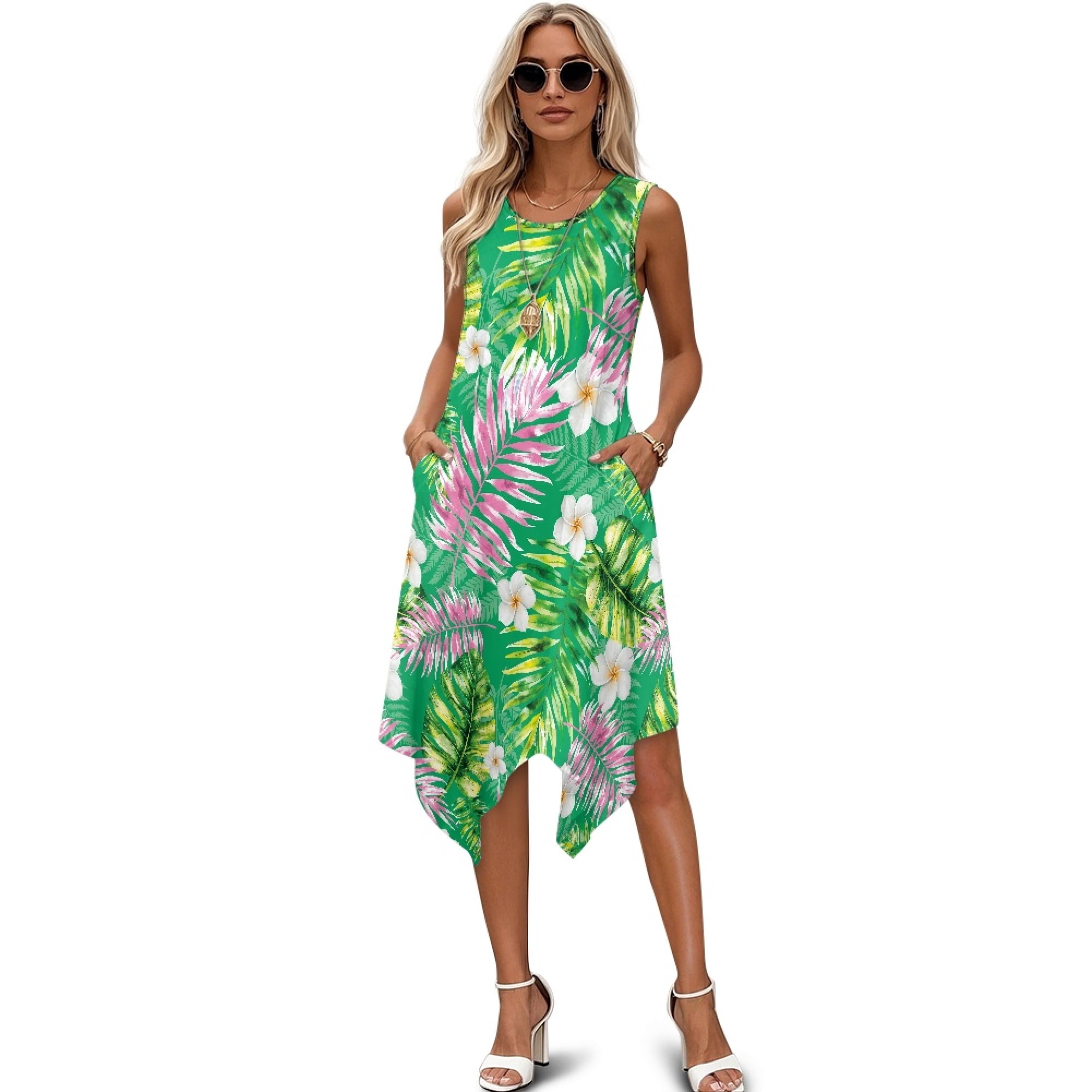 Binienty Tropical Plumeria Print Sleeveless Sundress for Vacation ...