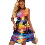 Binienty Tropical Sunset View Casual Crewneck Dress Flowy A Line ...