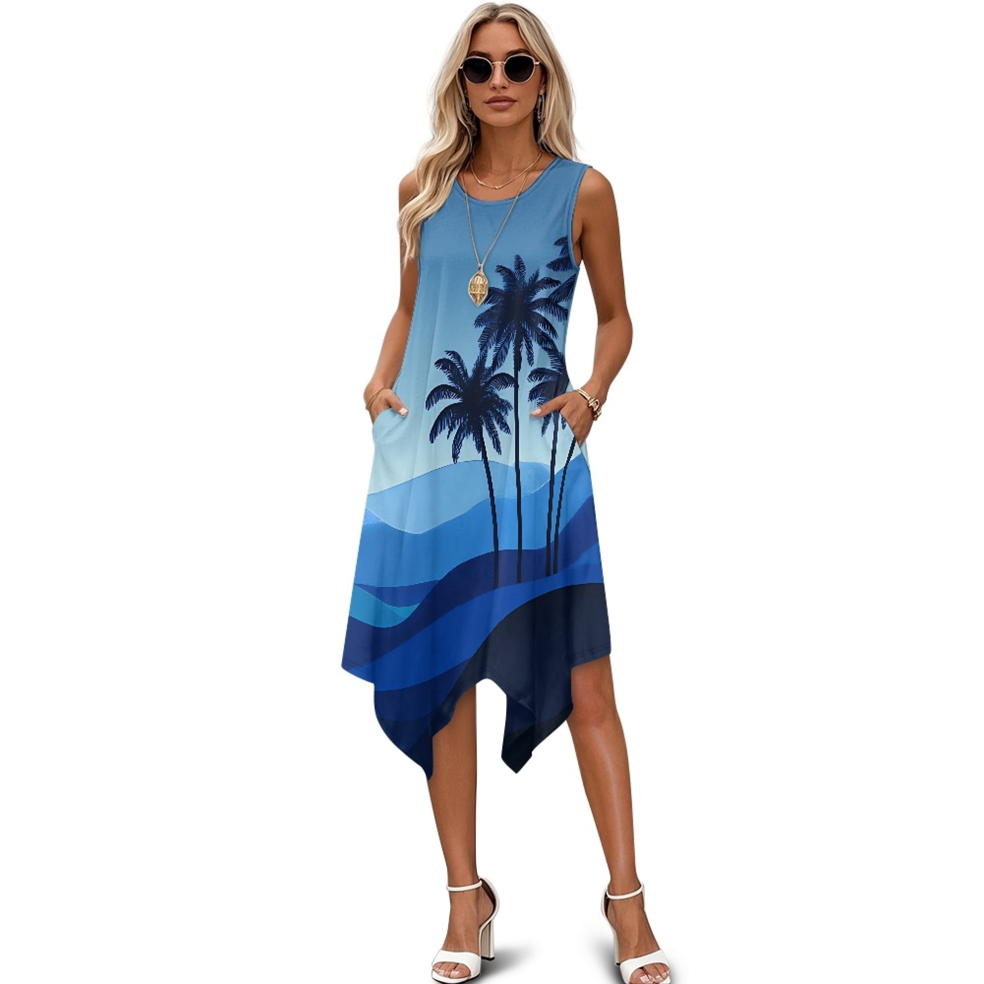 Binienty Ultra Light Summer Sleeveless Dress, Blue Palm Wave Women's ...