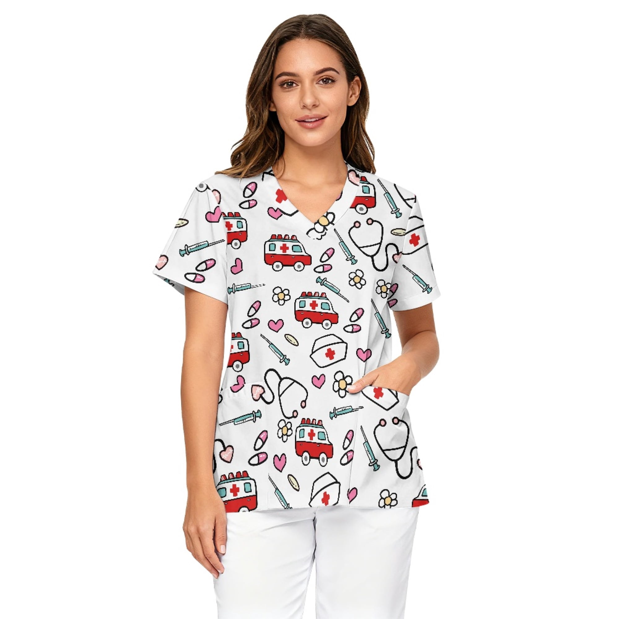 Binienty V Neck Nursing Top with Medical Cartoon Pattern, Medical ...