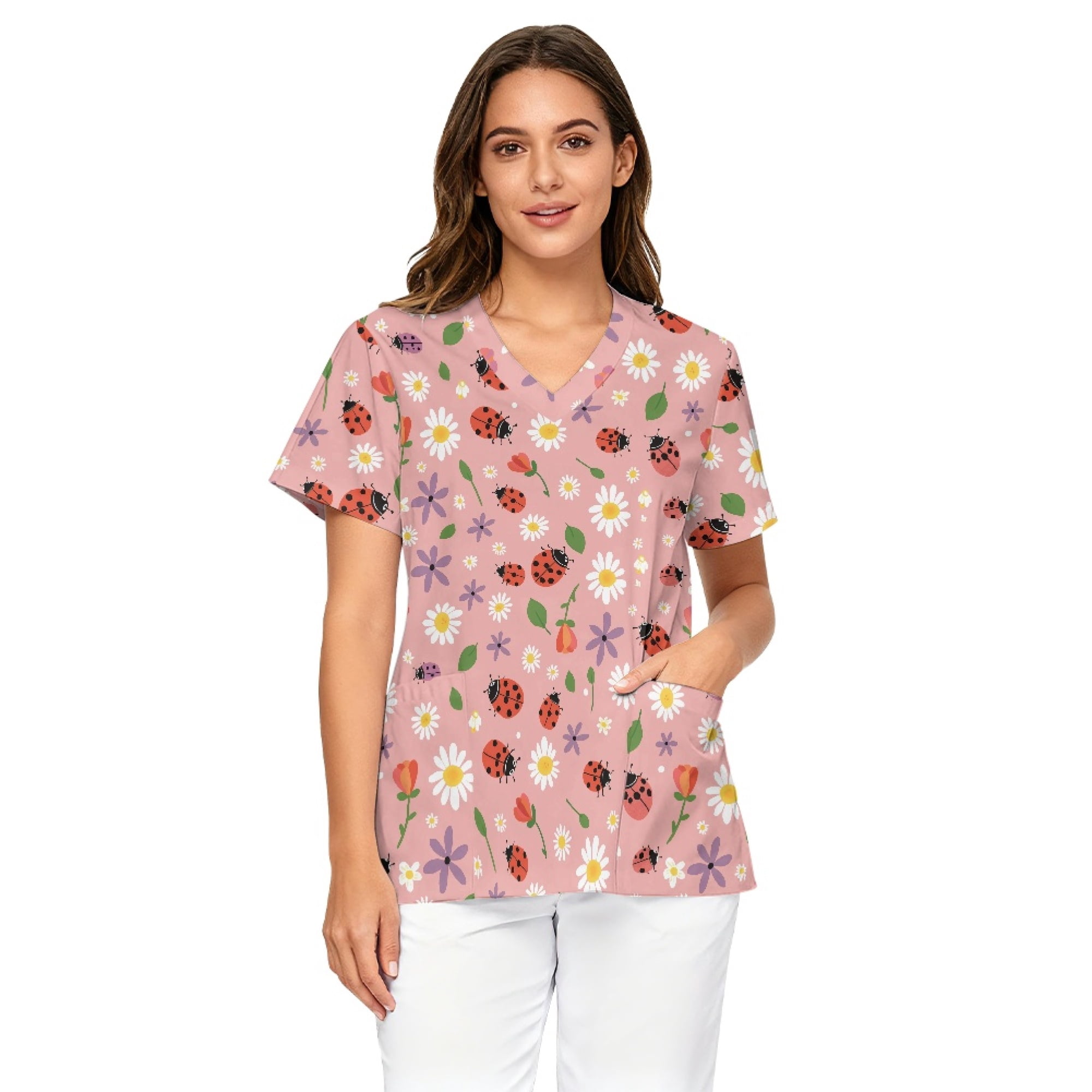 Binienty V Neck Scrub Top for Women with Ladybug Floral Print ...