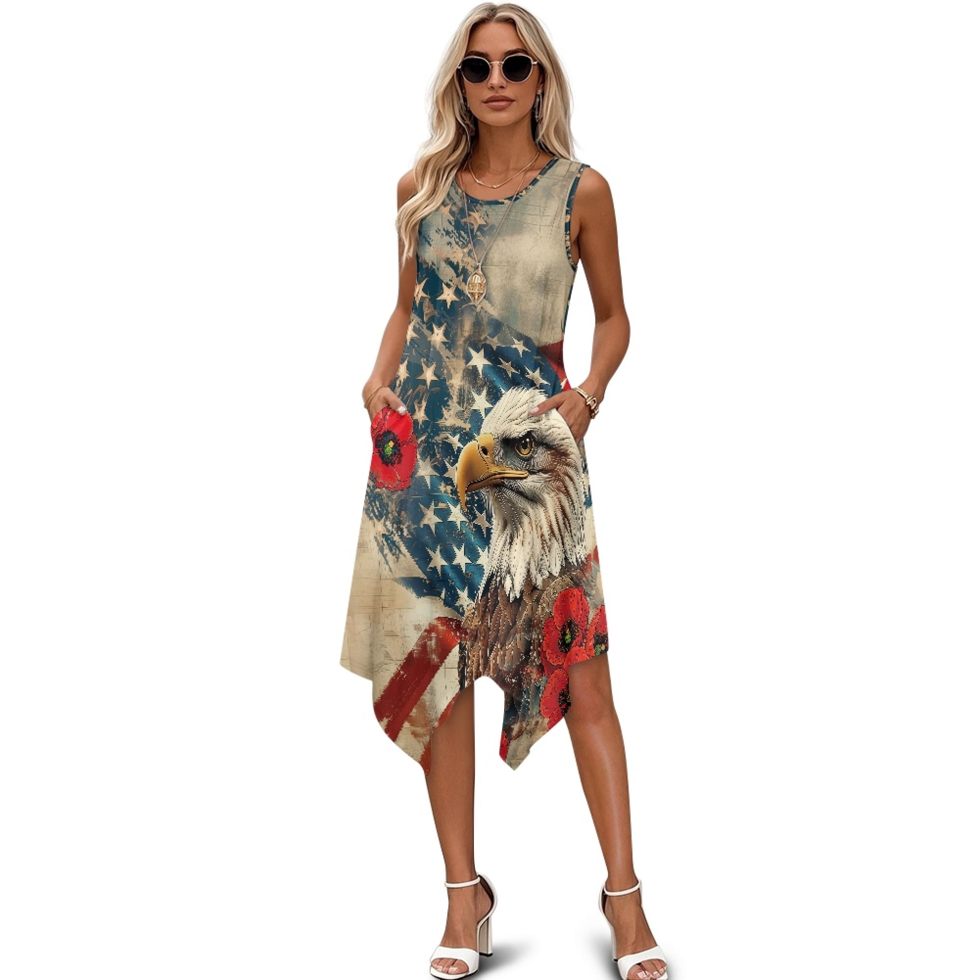 Binienty Vintage American Flag with Bald Eagle Sleeveless Sundress ...