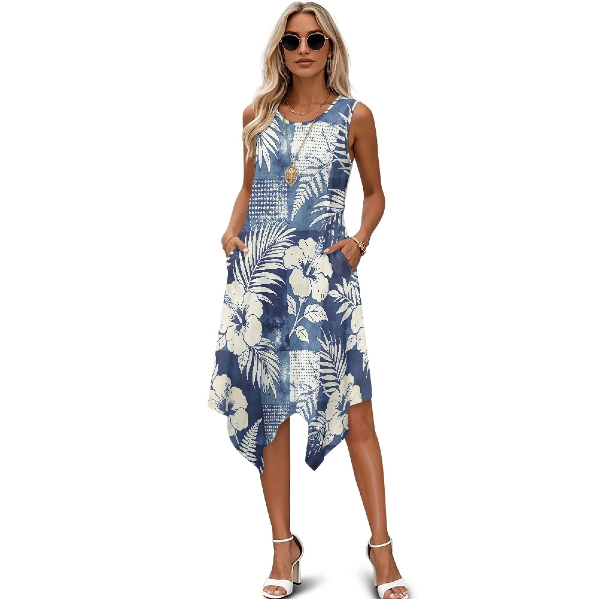 Binienty Vintage Blue Hawaiian Floral & Palm Leaf Pattern Casual Midi ...