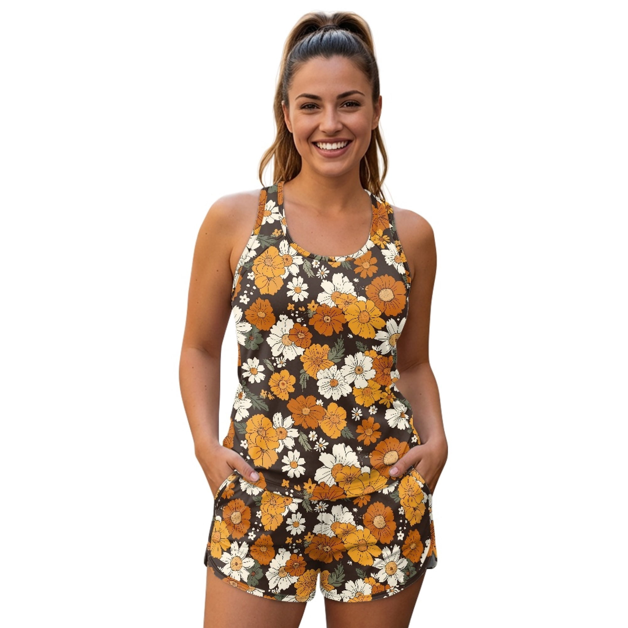 Binienty Vintage Florals Women's Tankini Shorts Set, Elastic Polyester ...