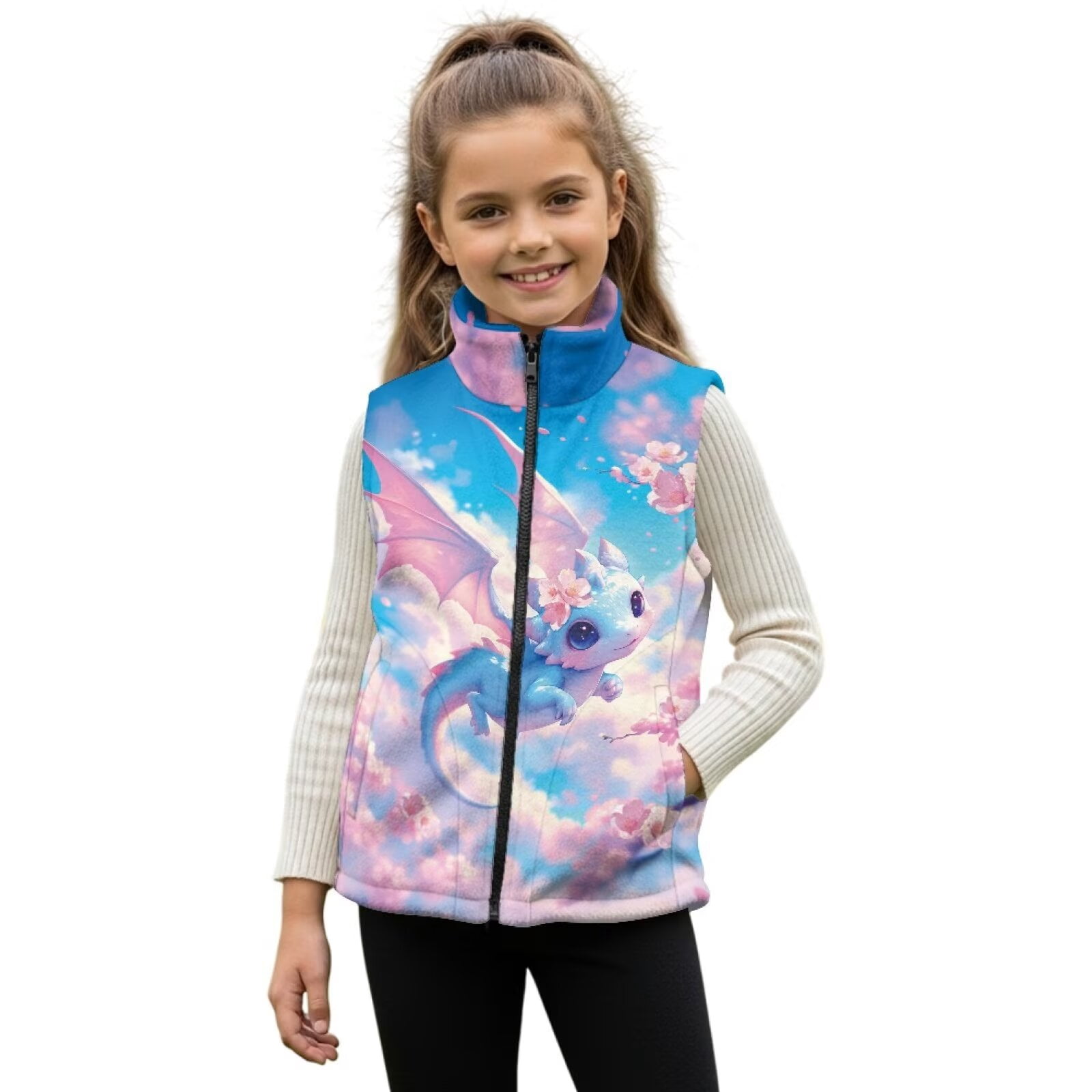 Binienty Western Dragon Girls Fuzzy Vests Cherry Blossom Polar Fleece ...