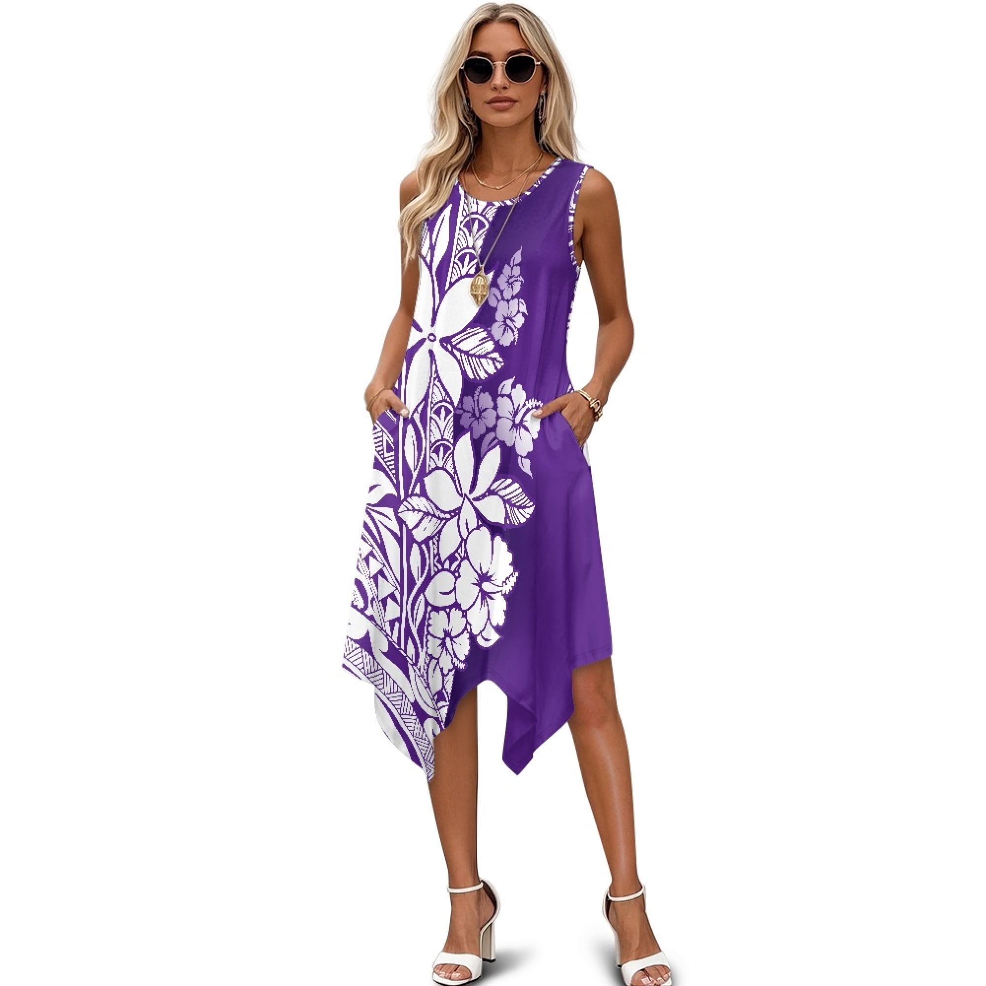 Binienty White Hawaiian Hibiscus Floral Print Sleeveless Sundress, Side ...