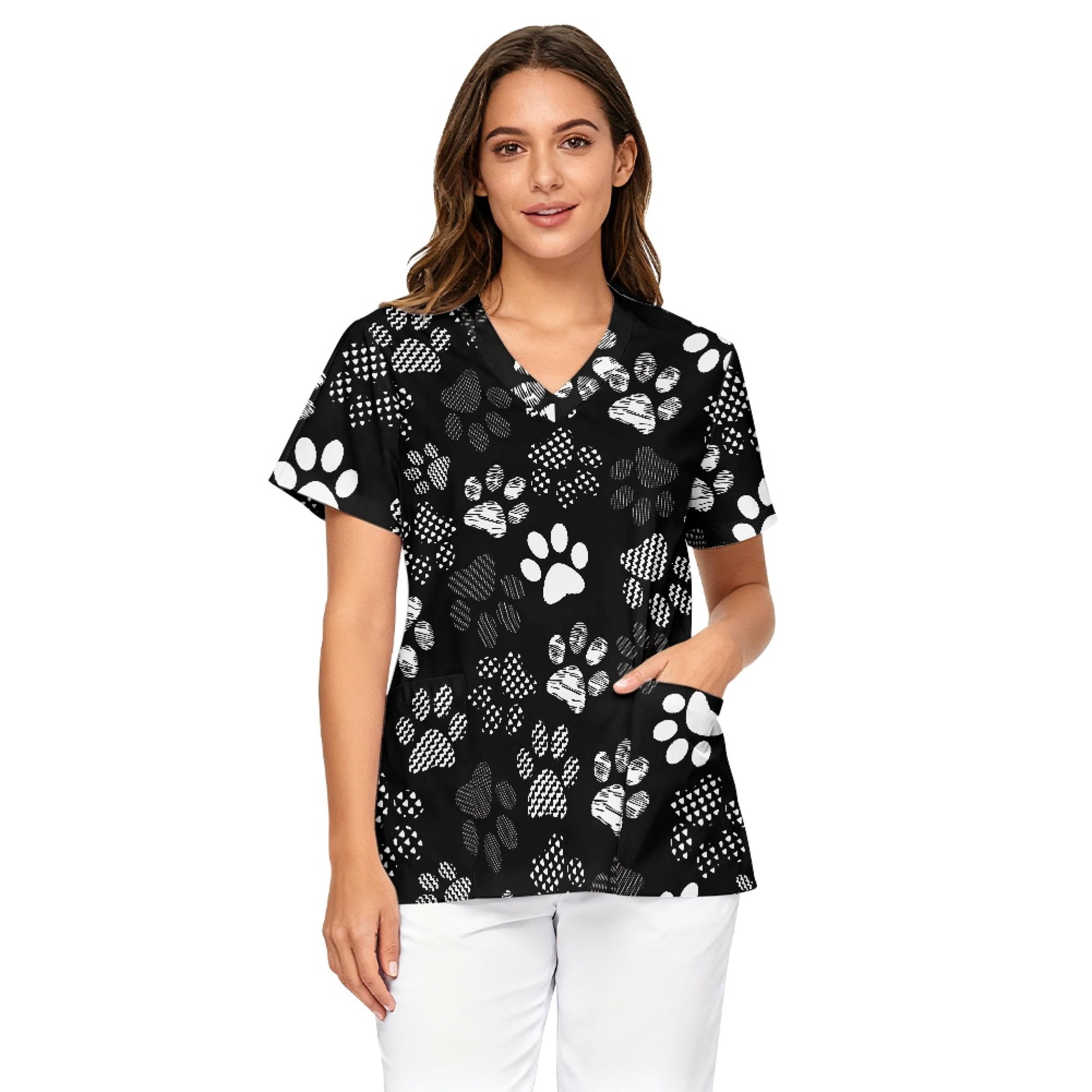 Binienty White Paw Print Pattern Scrub Shirt for Women Short Sleeve V ...