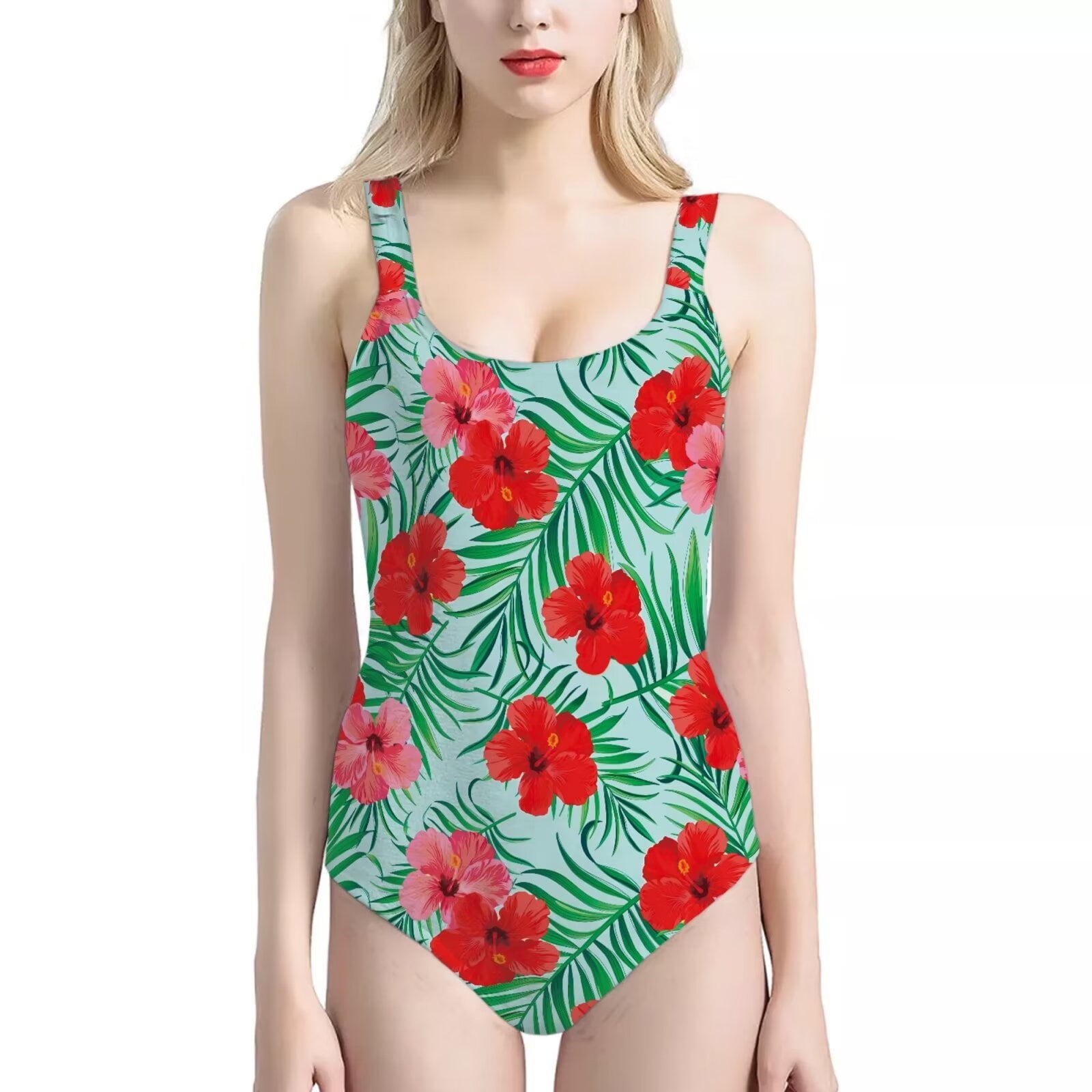 Binienty Women One Piece Swimsuit Red Hibiscus Flower Swimwear For