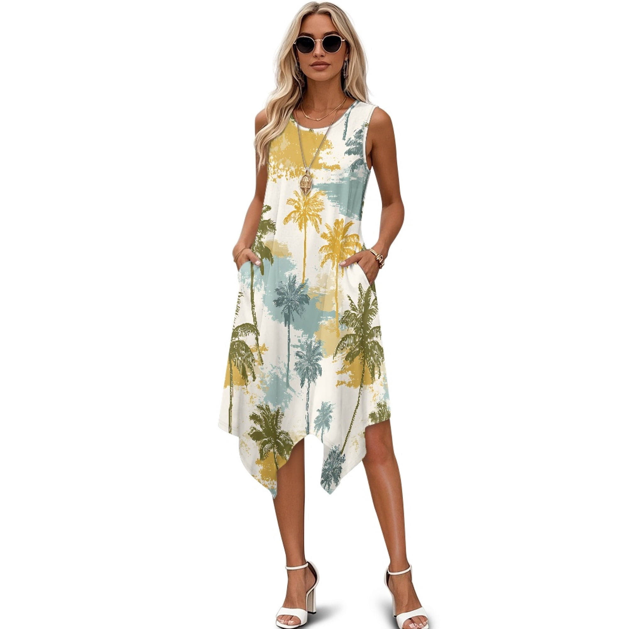 Binienty Women Summer Sleeveless Sundress with Palm Tree Pattern ...