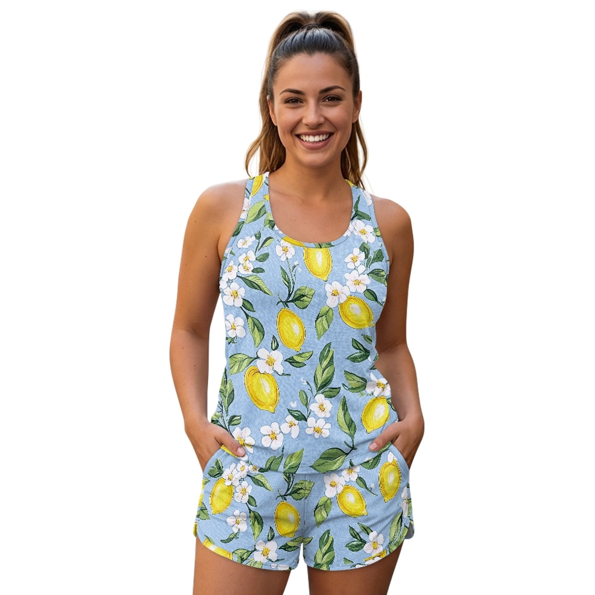 Binienty Women's Athletic Tank Top Shorts Set, Lemon and Floral Elastic ...