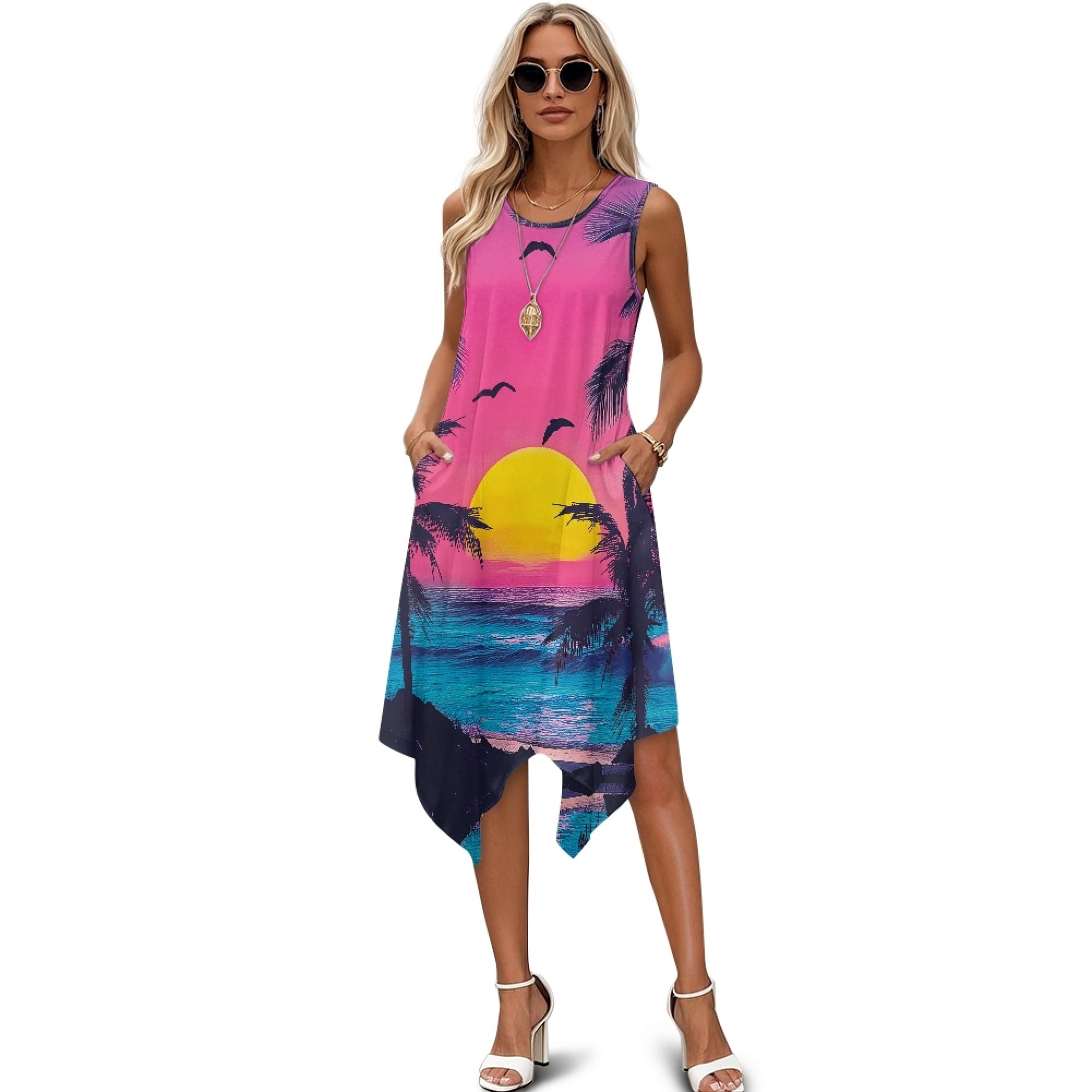 Binienty Women's Irregular Hem Casual Dress, Retro Beach Sunset ...