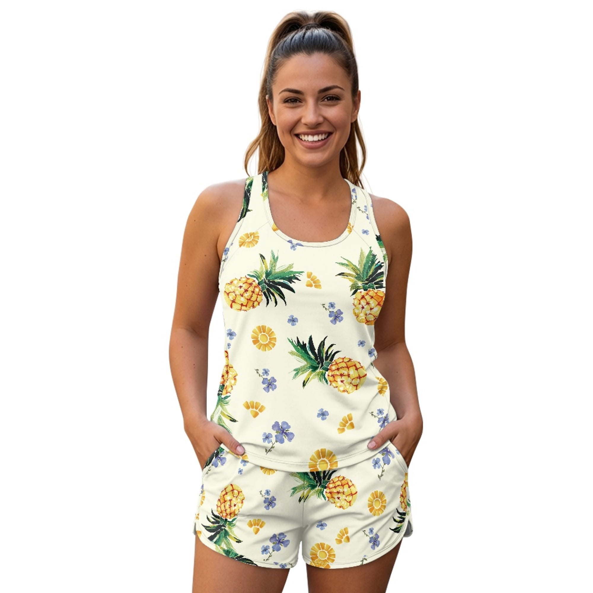 Binienty Women's Tank Top Shorts Set, Tropical Pineapple & Floral Print ...