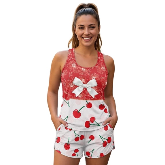 Binienty Women's Tankini Shorts Set, White Floral Pattern & Red Cherry ...