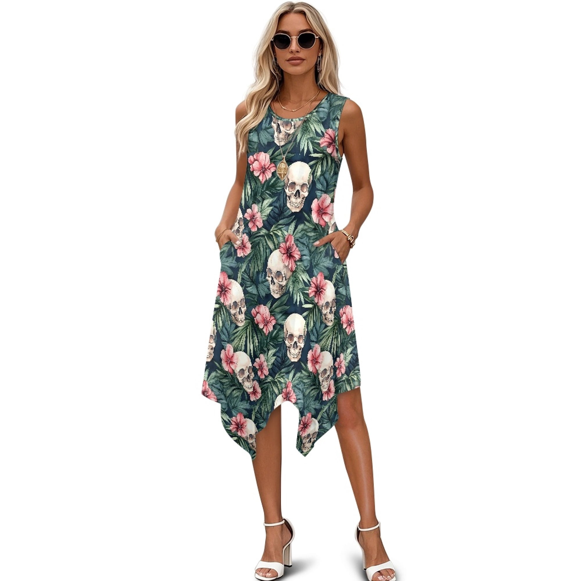Binienty Womens Summer Sleeveless Sundress with Floral Skull Print ...
