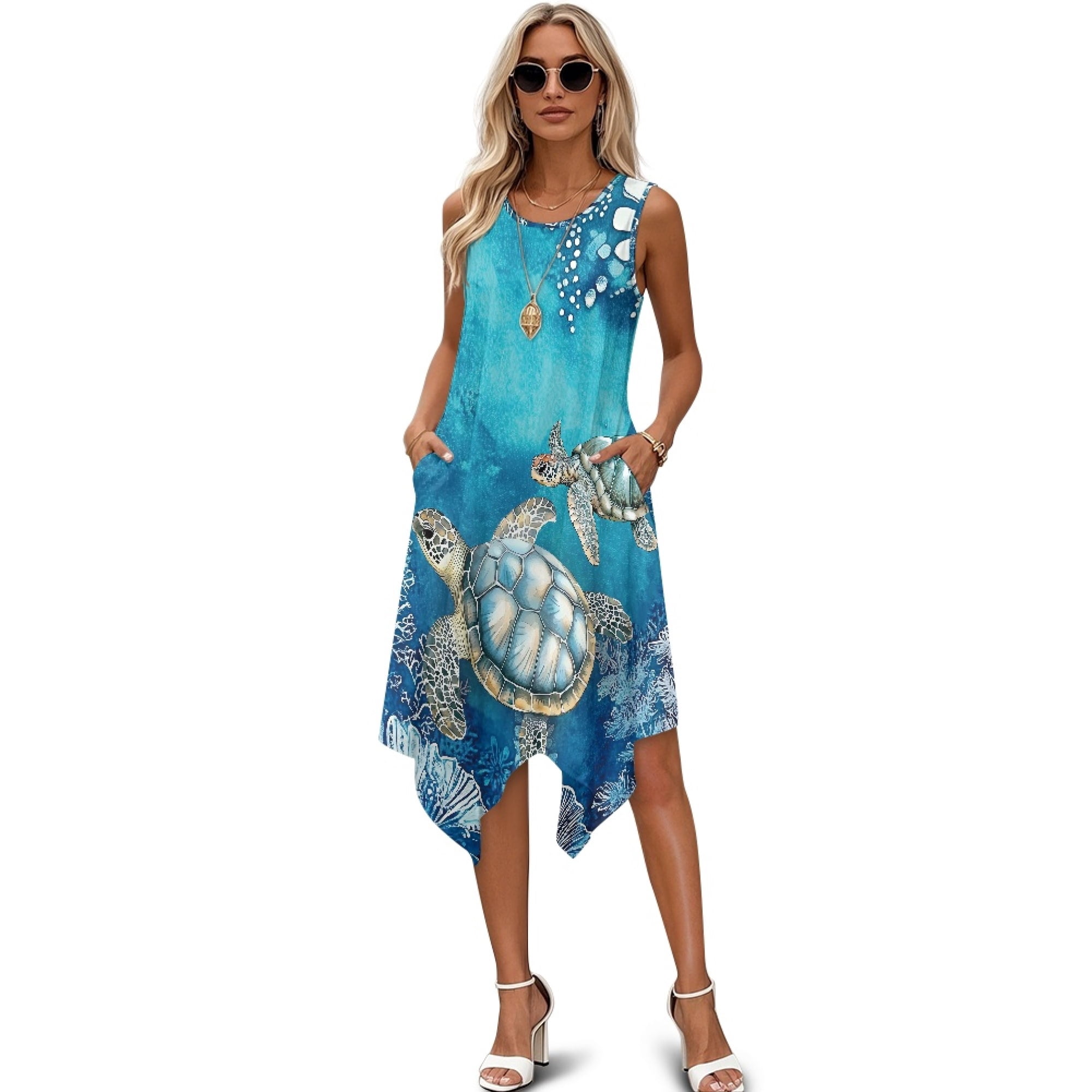 Binienty Womens Summer Sleeveless Sundress with Sea Turtle Print ...