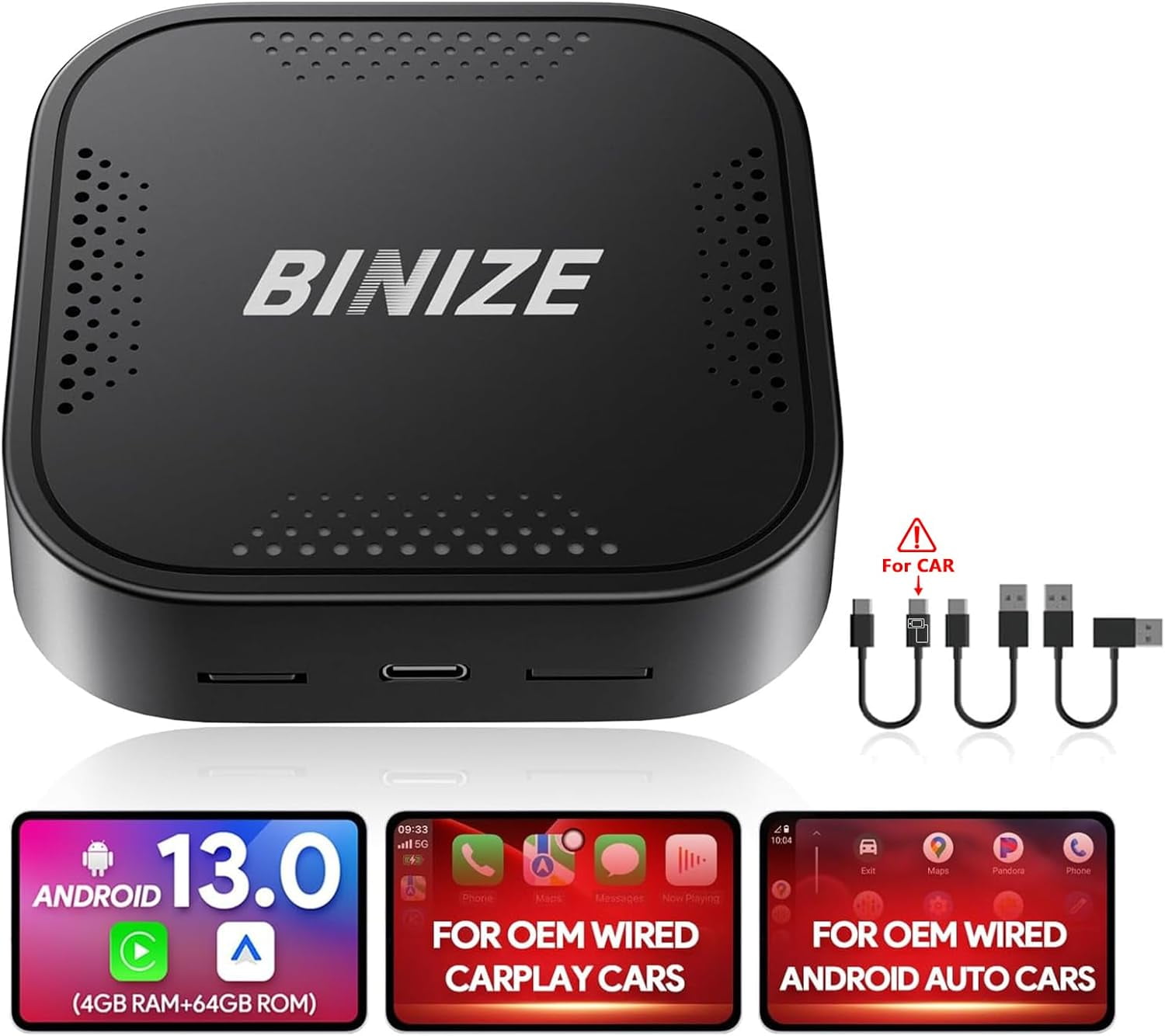 Binize CarPlay AI Box for Car with OEM Wired CarPlay/Android Auto Supports Wireless CarPlay ...
