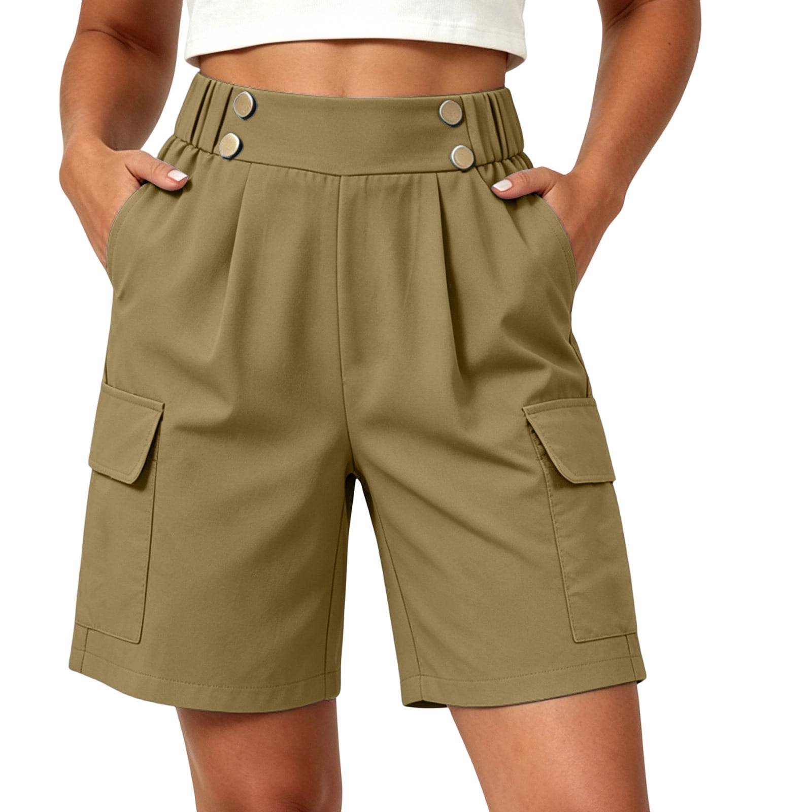 Binmer Women’s High Waist Button Pleated Bermuda Shorts with Pockets ...