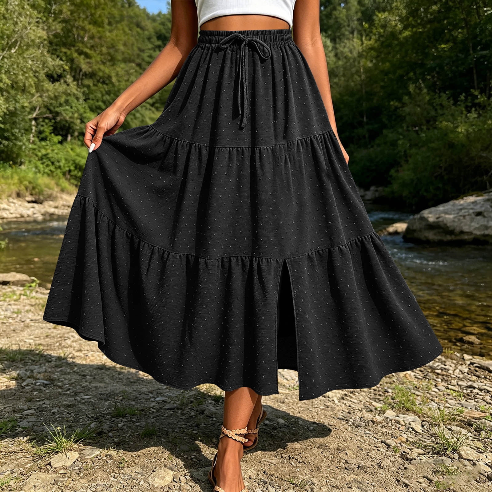 Binmer Women's High Waist Drawstring Tiered Flowy Midi Skirt, Solid ...