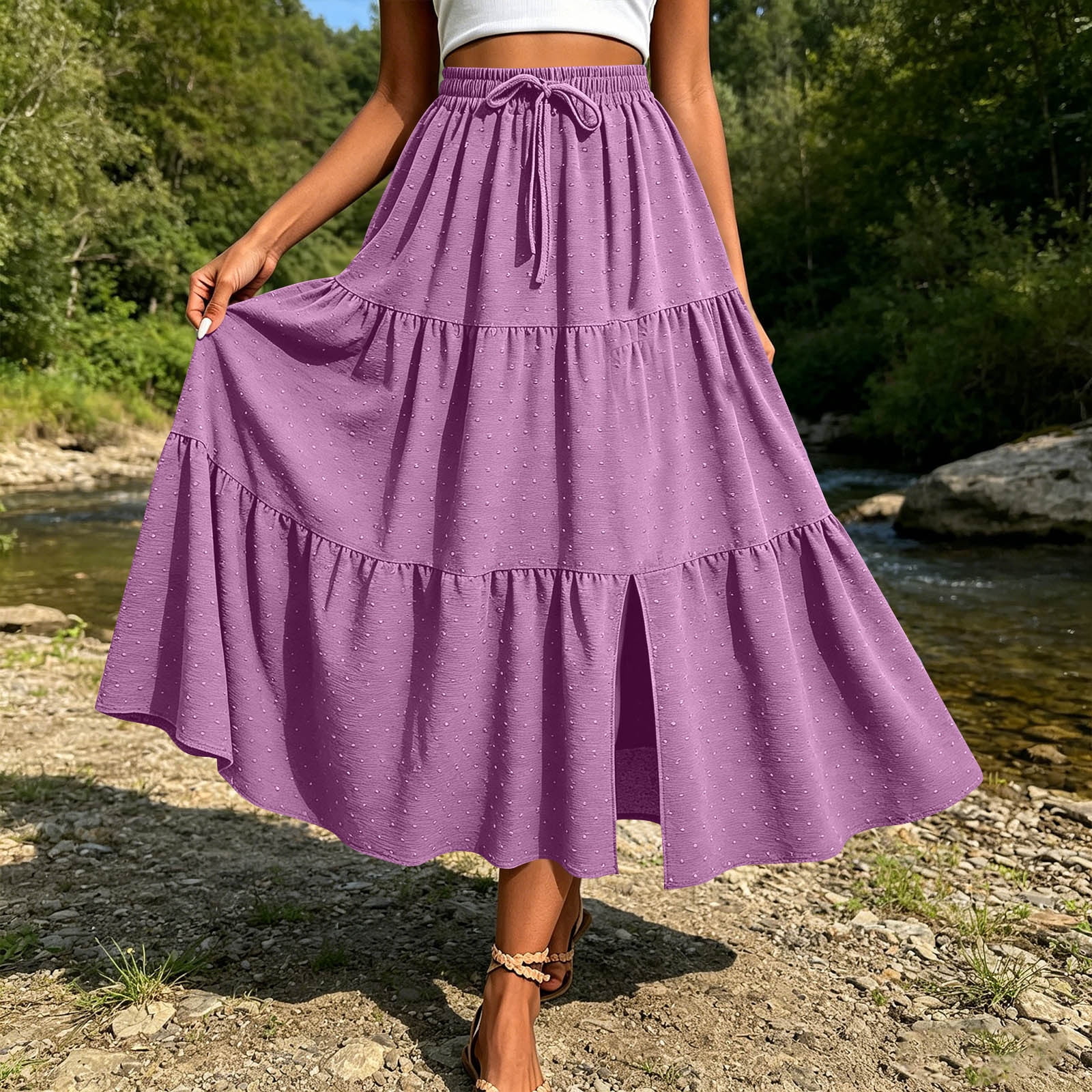 Binmer Women's High Waist Drawstring Tiered Flowy Midi Skirt, Solid ...
