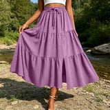 Binmer Women's High Waist Drawstring Tiered Flowy Midi Skirt, Solid ...