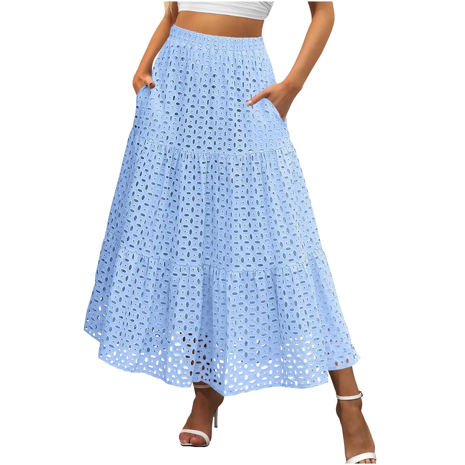Binmer Women's High Waist Eyelet A Line Midi Skirt with Pockets,Casual ...