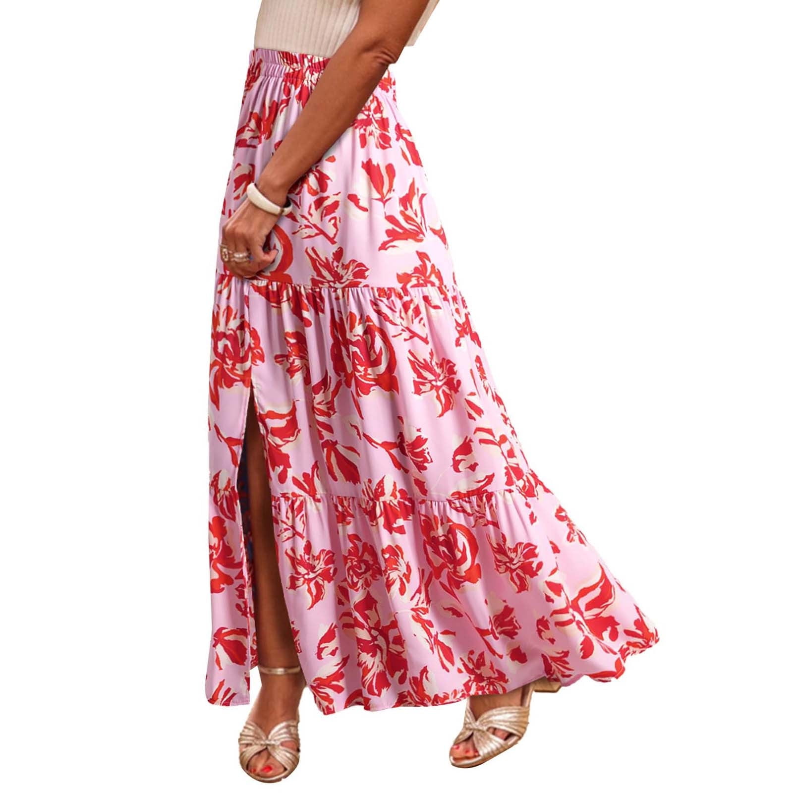Binmer Women's High Waist Floral Print A Line Maxi Skirt with Slit ...