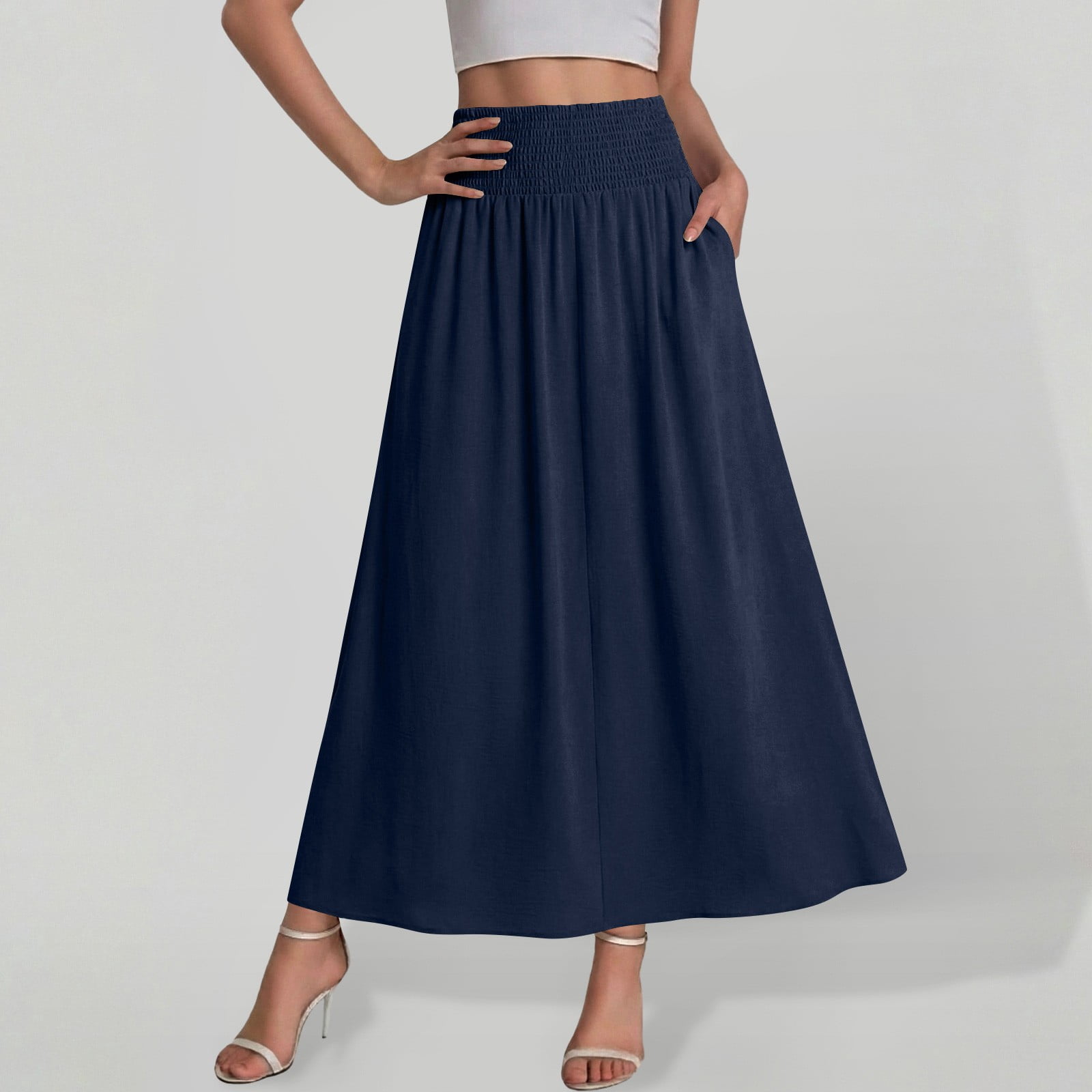 Binmer Women's High Waist Solid A Line Flowy Maxi Skirt with Pockets ...