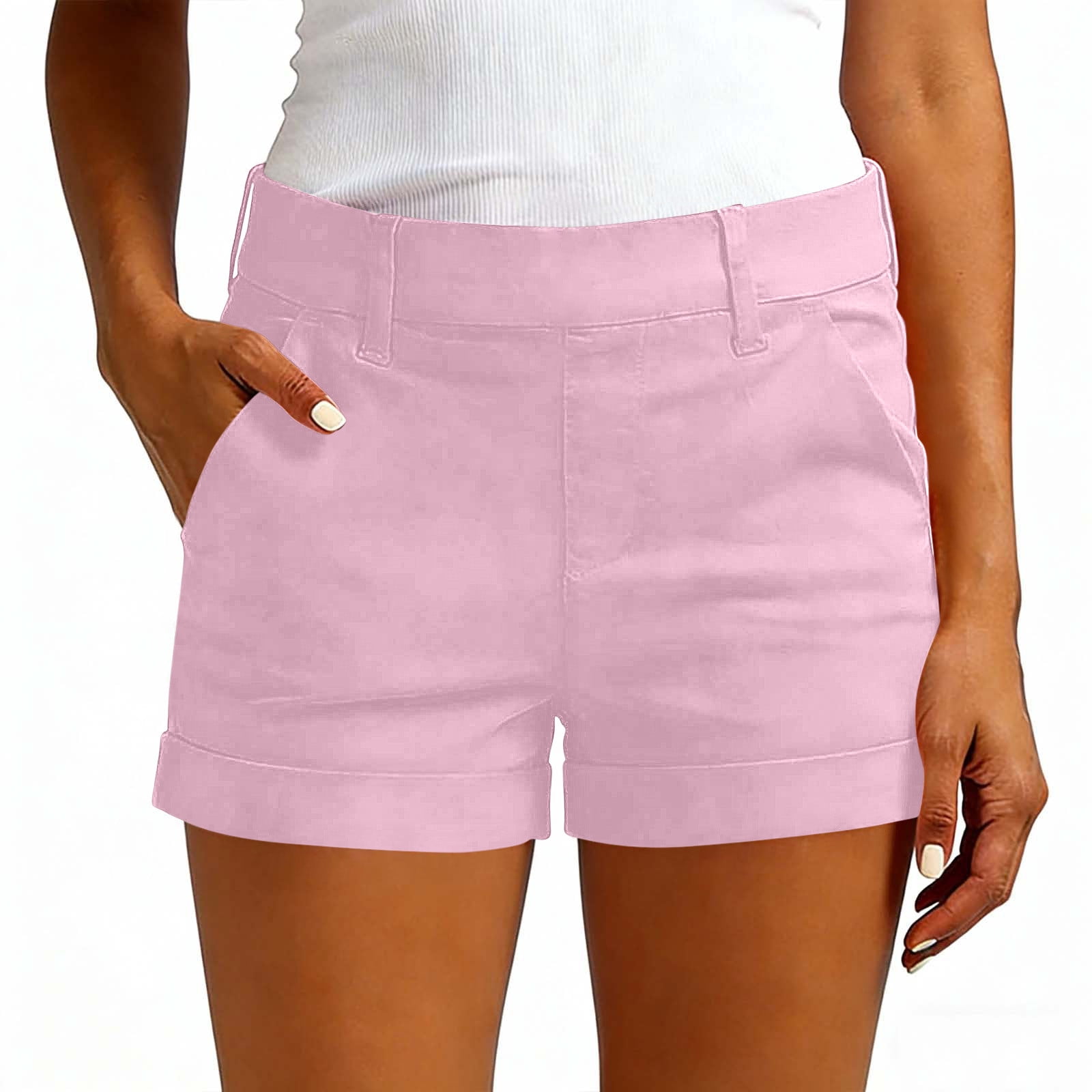 Binmer Women's High Waist Stretch Shorts,Casual Rolled Hem Shorts with ...