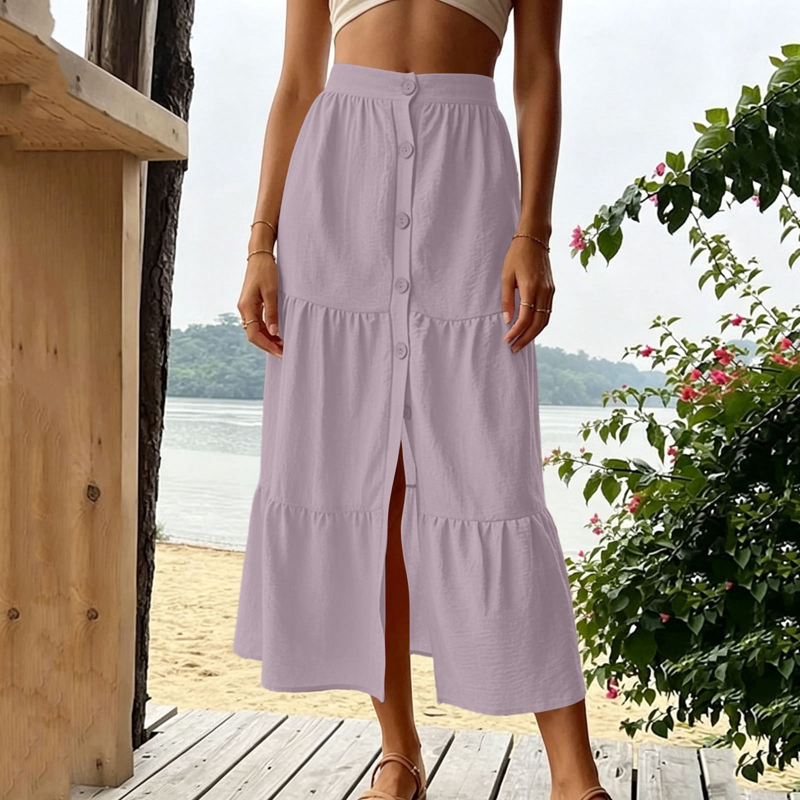 Binmer Women's High Waist Tiered Ruffle Midi Skirt with Front Slit ...