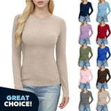 Binmer Women's Ribbed Crew Neck Tee with Long Sleeve, Womens Slim ...