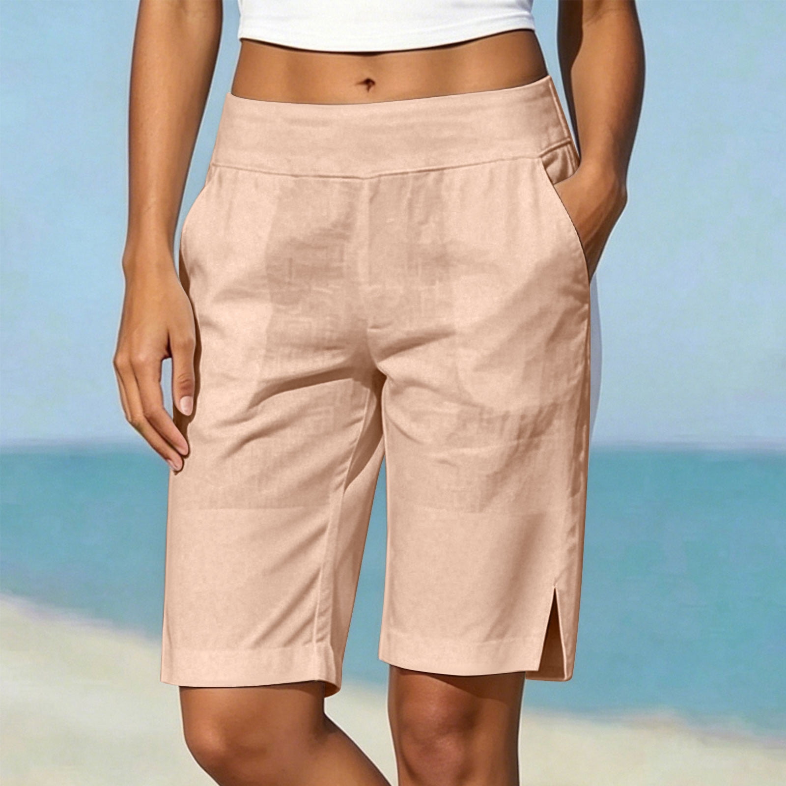 Binmer Women's Solid Color Elastic Waist Knee Length Shorts with ...