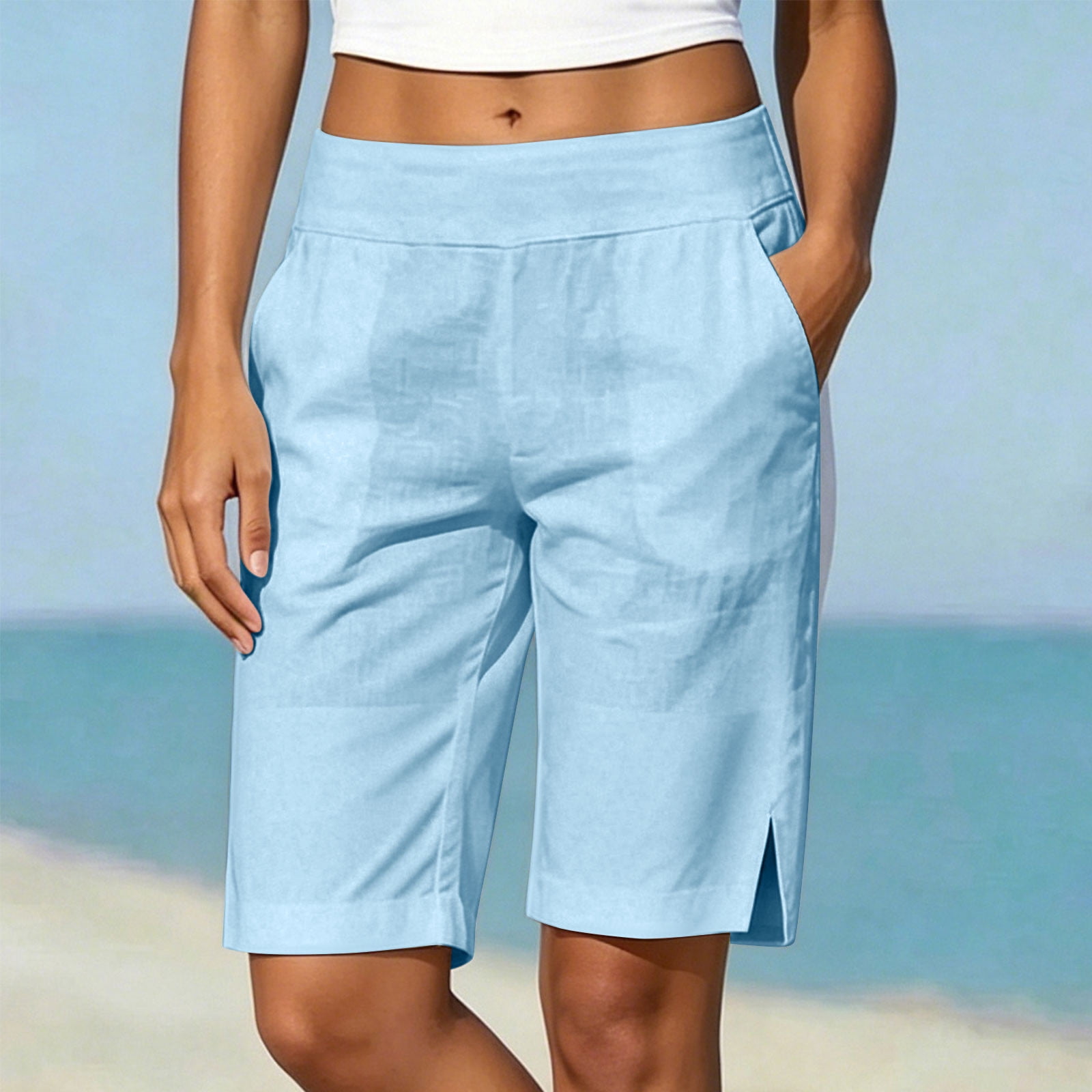Binmer Women's Solid Color Elastic Waist Knee Length Shorts with ...