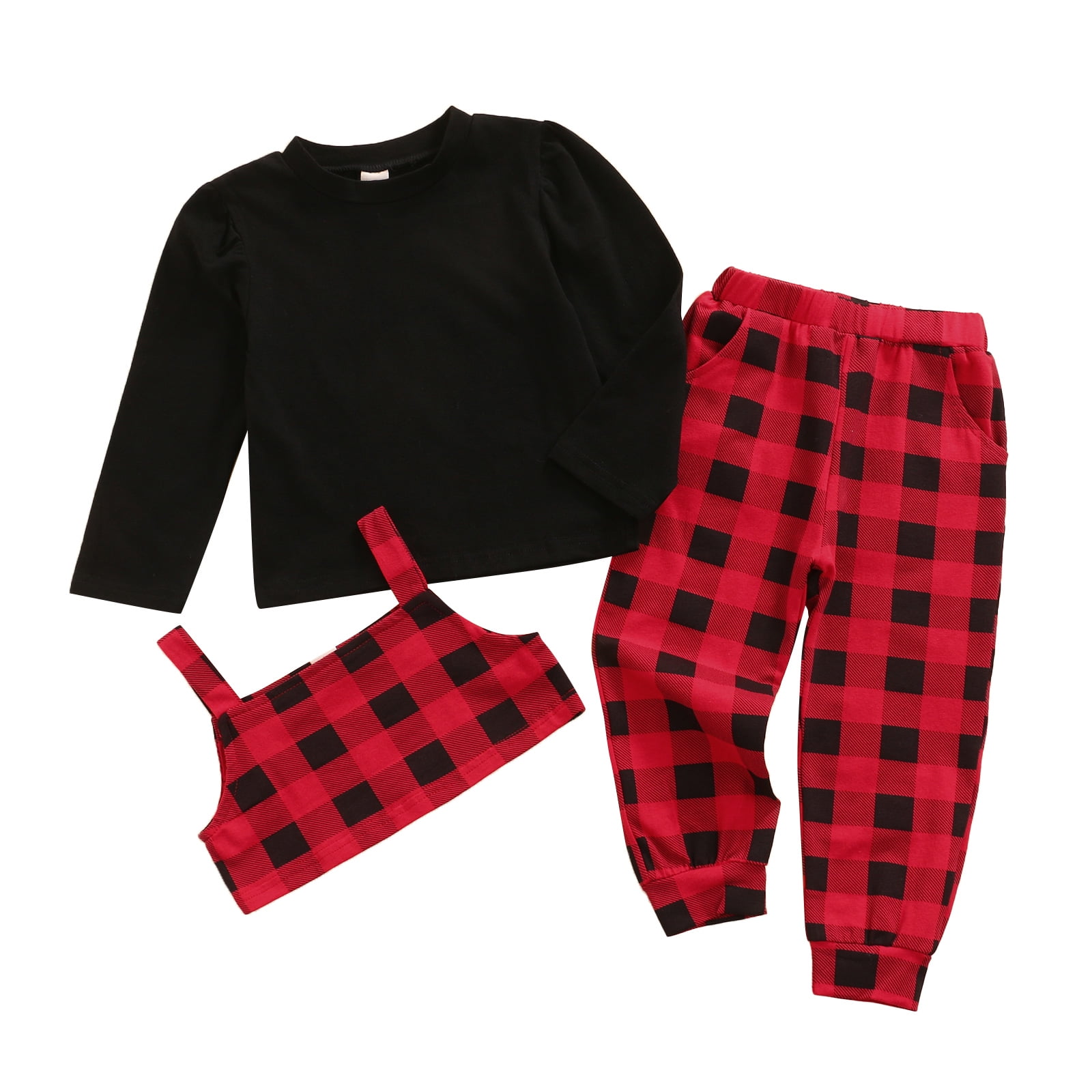 Binpure Girl’s Solid Color Long Sleeve Tops Plaid Vest and Long Pants ...