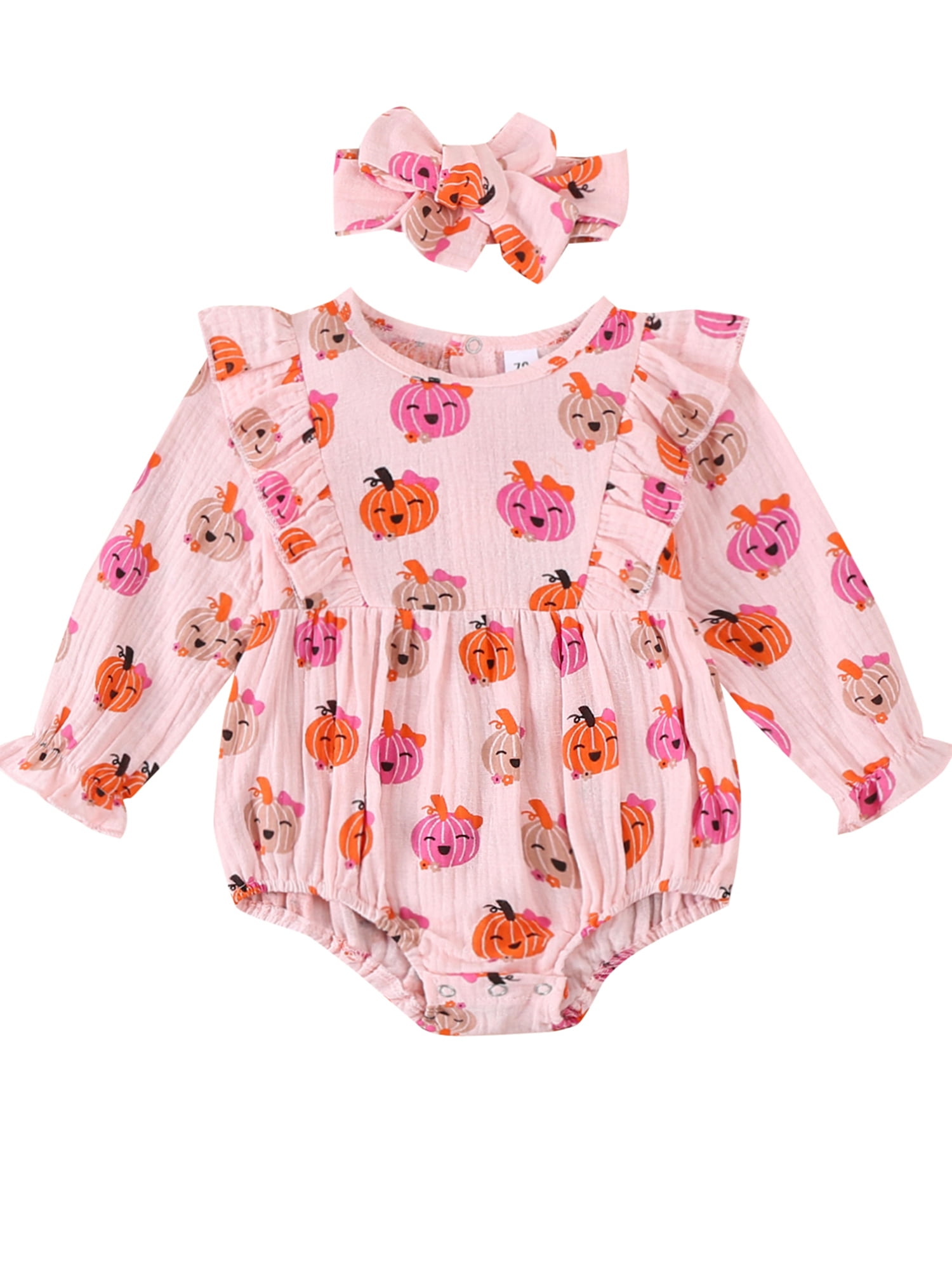 Binshrliy Baby Girl Halloween Rompers Pumpkin Print Long Sleeve Bodysuits + Headband 3M 6M 9M ...