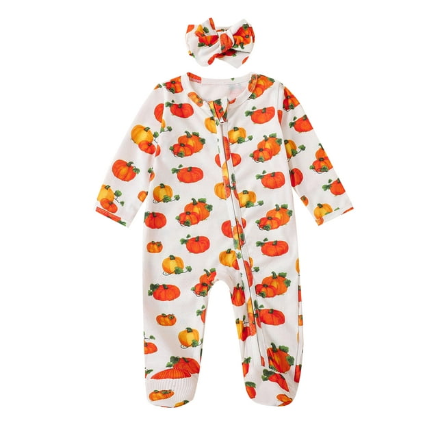 Binshrliy Newborn Baby Boys Girl Halloween Pajamas Pumpkin Long Sleeve Footie Jumpsuits 3M 6M ...