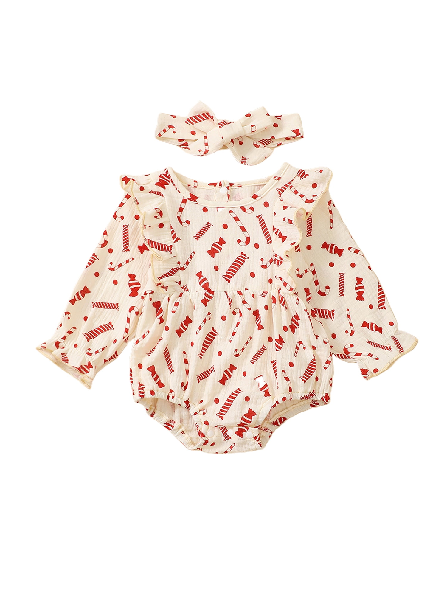 Binshrliy Newborn Baby Girl Christmas Rompers Long Sleeve Print Bodysuits + Headband 3M 6M 12M ...