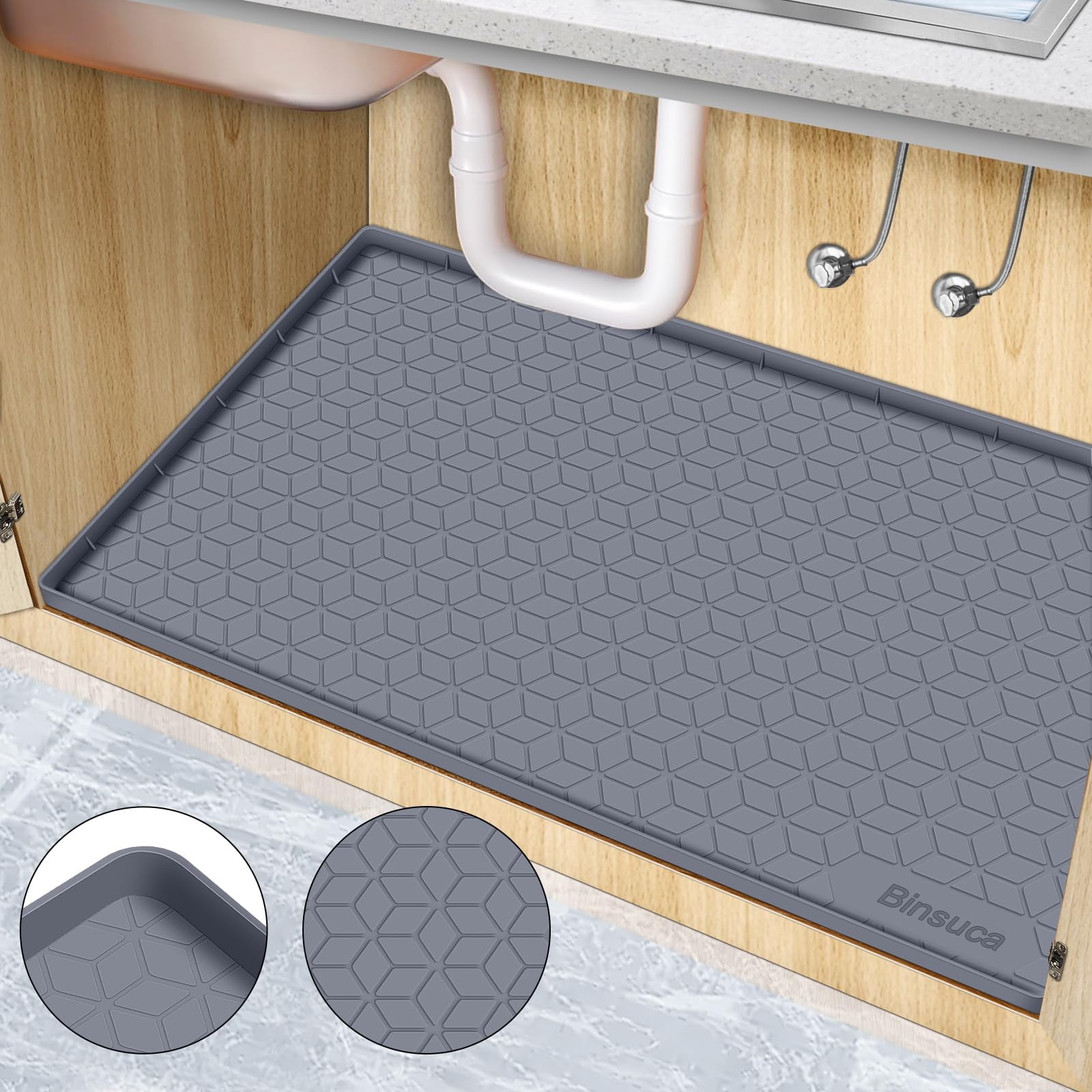 Binsuca Under Sink Mat, 34" x 22" Waterproof Kitchen Cabinet Mat ...