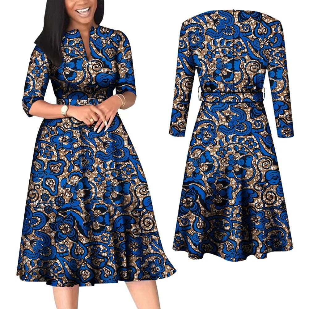 BintaRealWax African Dresses for Women Elegant V Neck Office Midi ...