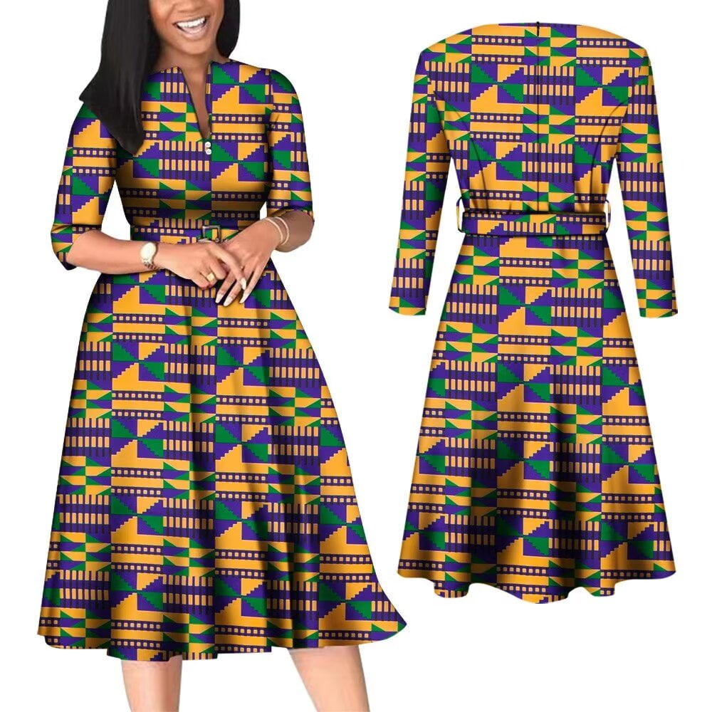 BintaRealWax African Dresses for Women Elegant V Neck Office Midi ...