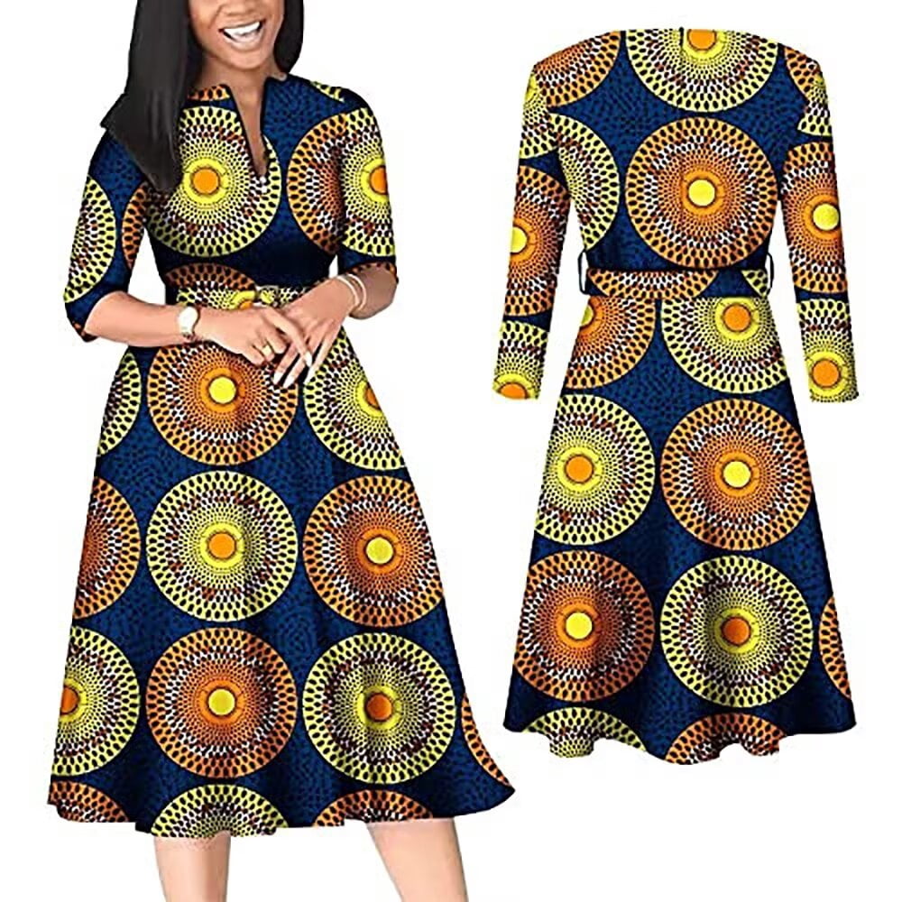 BintaRealWax African Dresses for Women, V Neck Midi Dress with Belt ...