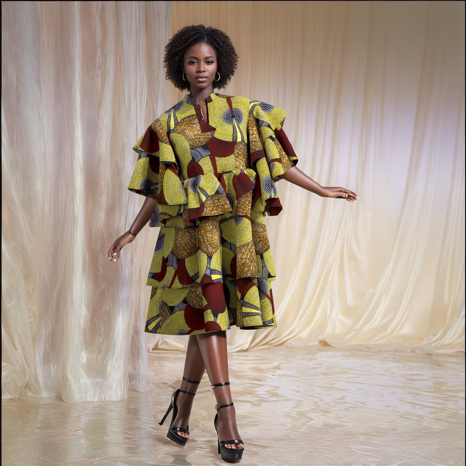 BintaRealWax African Multilayer Dresses for Women Knee Length V Neck ...