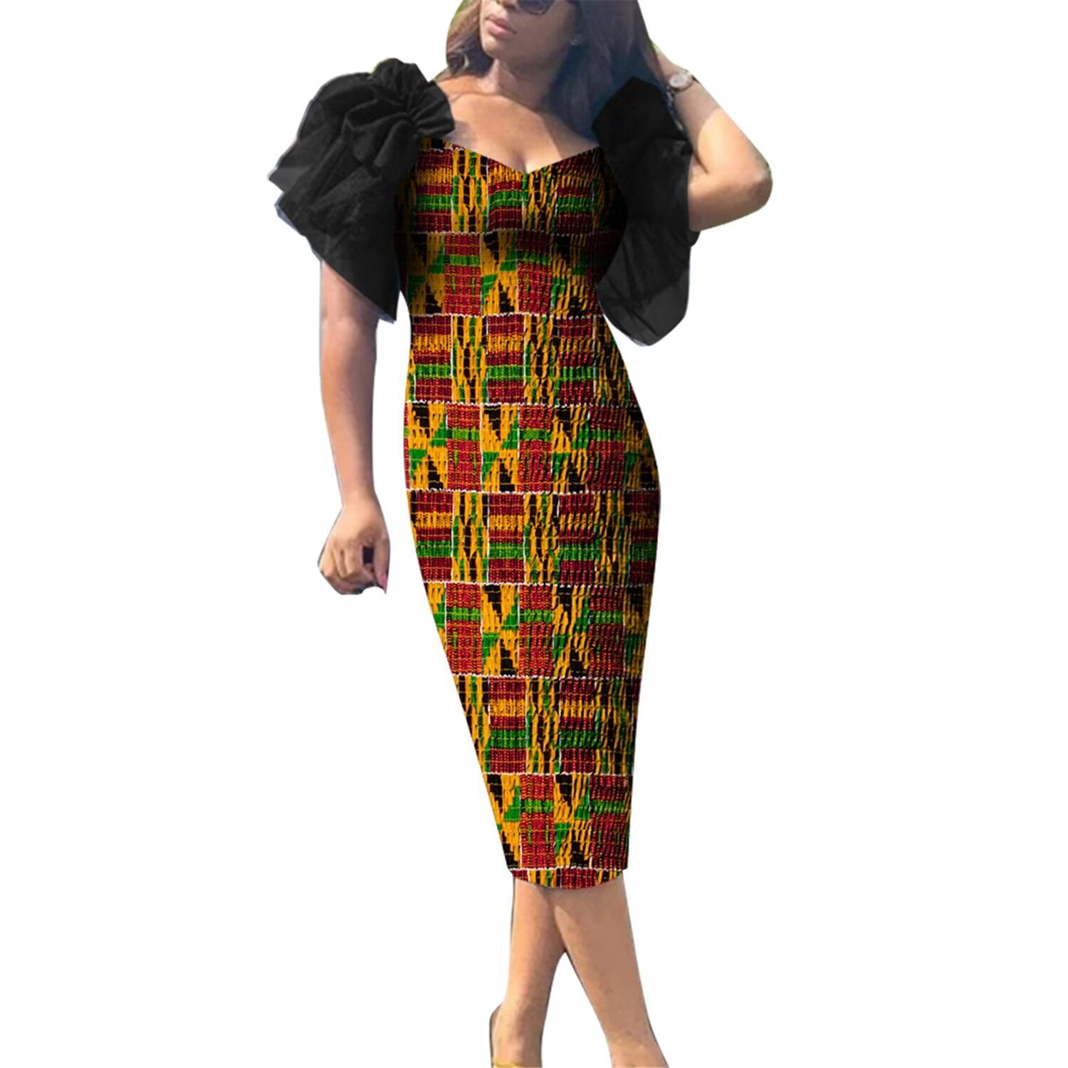 BintaRealWax V Neck Kente Elastic African Dresses for Women Patchwork ...