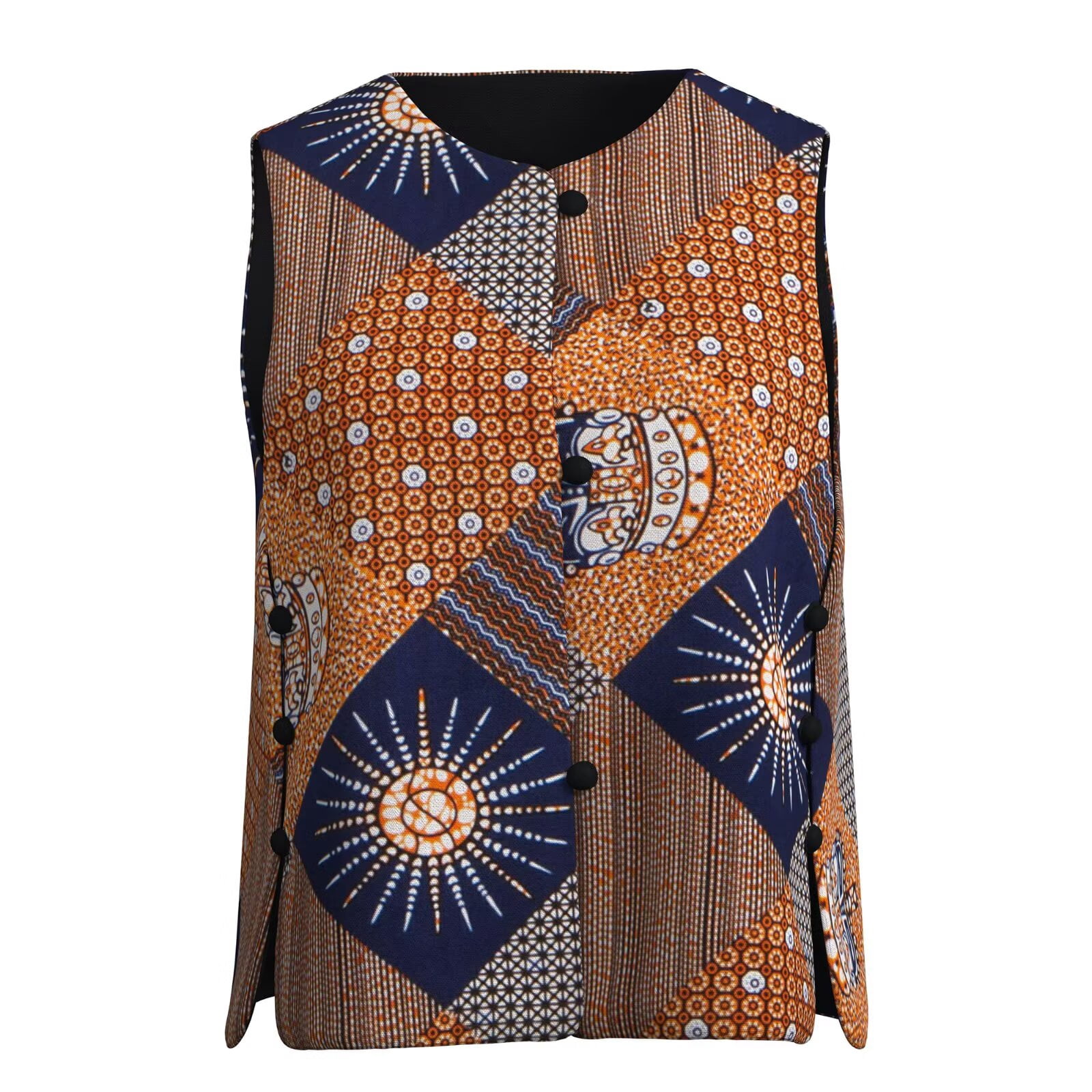 Bintarealwax Women's African Print Vest Sleeveless Crewneck Button Down ...