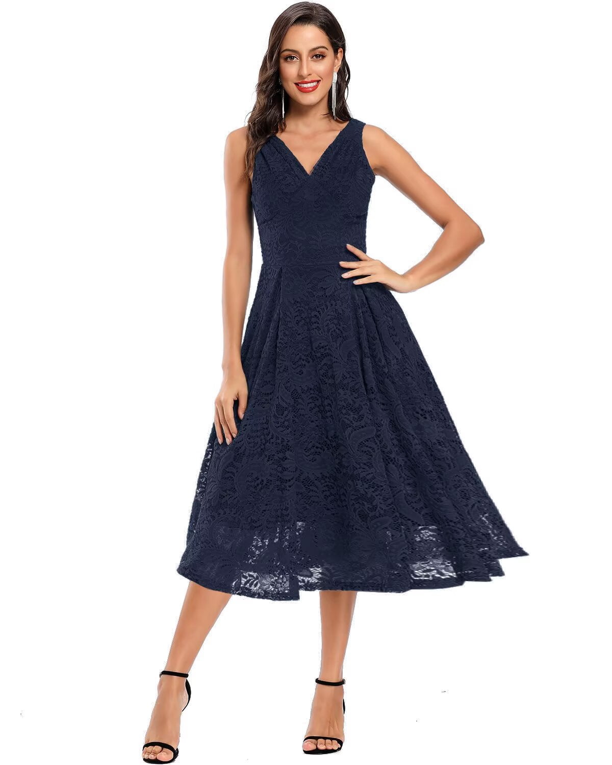 Bintarealwax Women’s Lace Cocktail Dress Floral Sleeveless Swing Formal ...