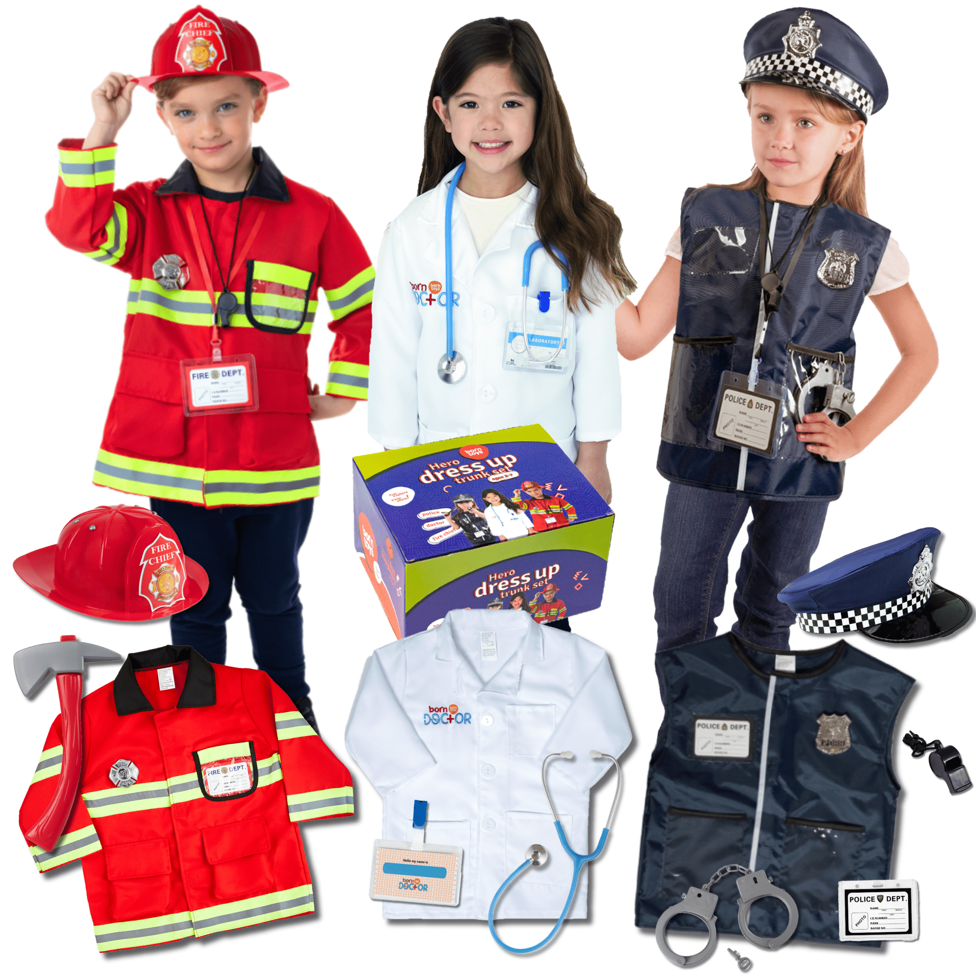 Born Toys Kids Pretend Play Firefighter, Cop, Doctor Dress-up Trunk Set ...