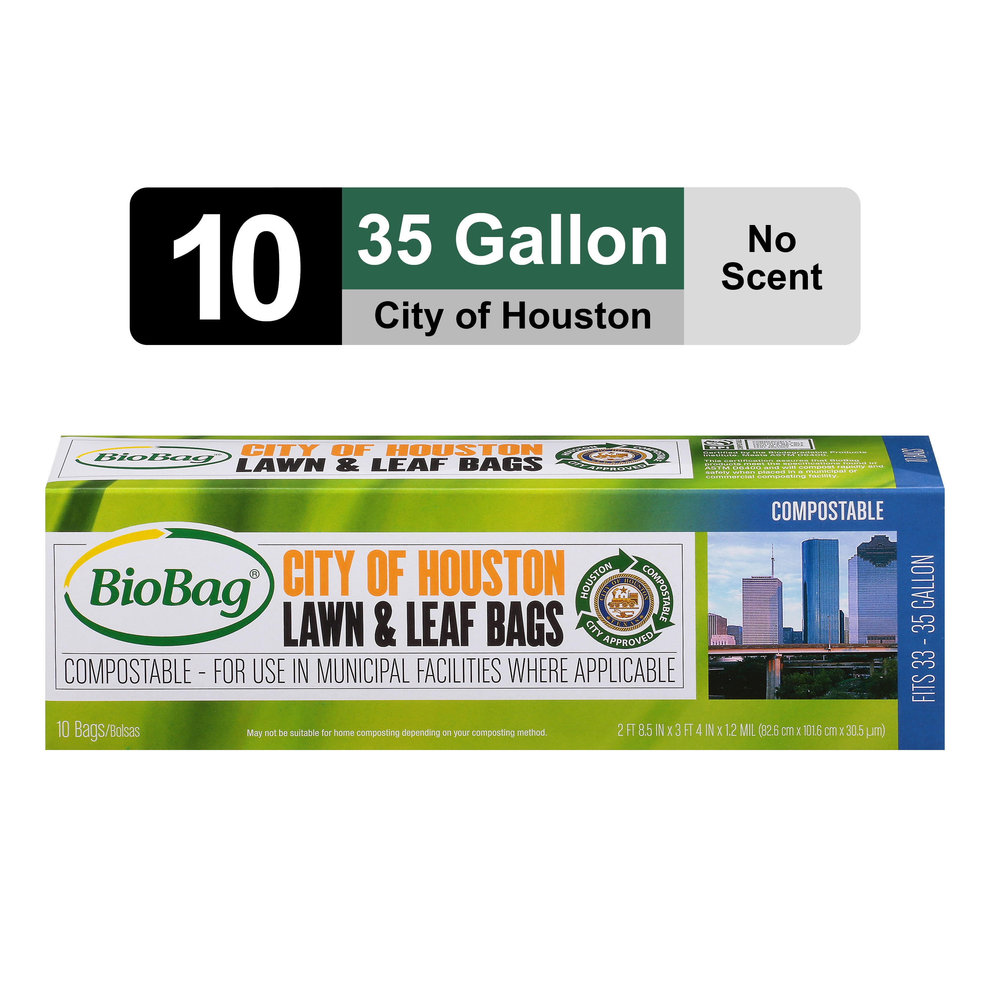 BioBag City Of Houston Compostable Lawn & Leaf Bags, 33 Gallon, 10 Bags ...