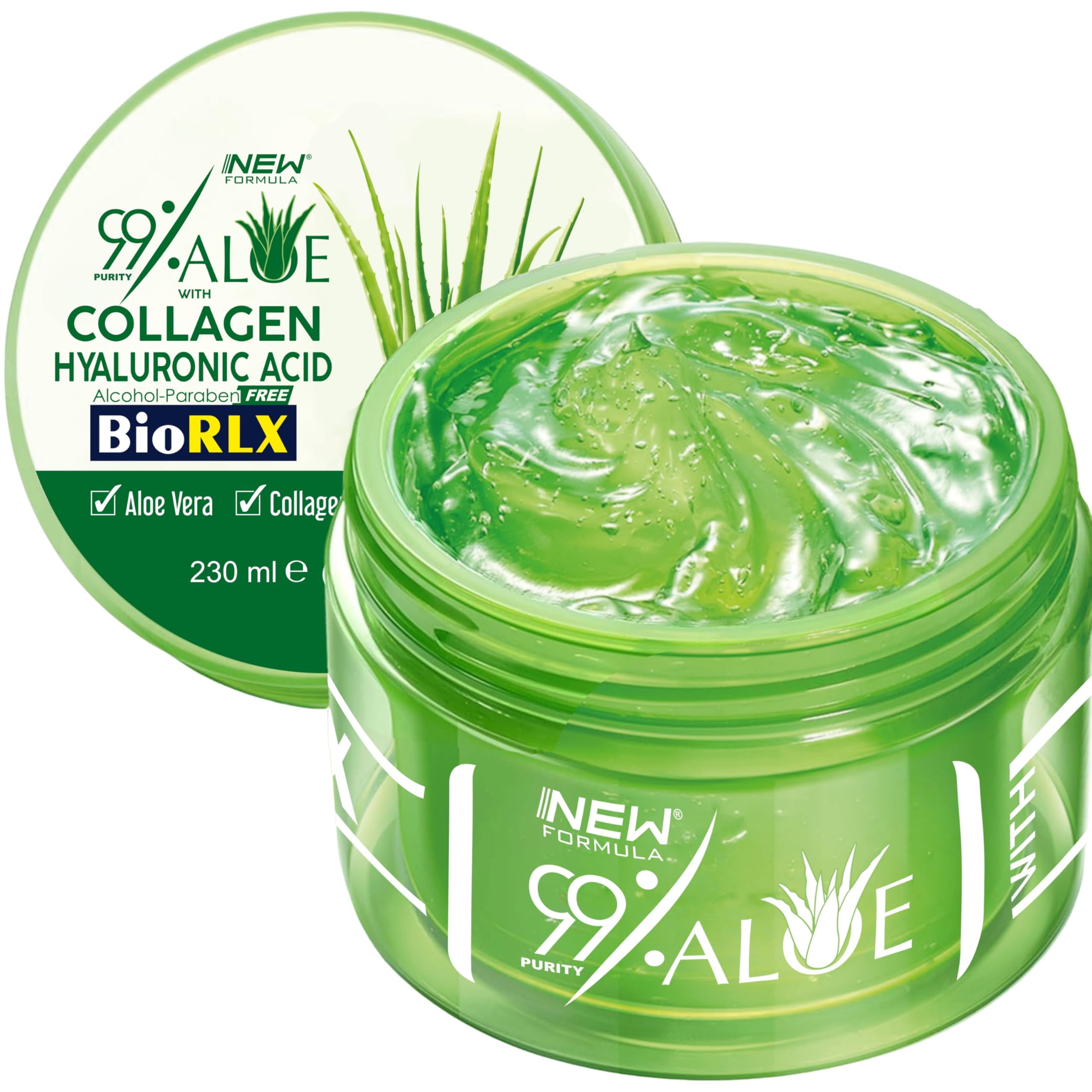 BioRLX 99% Aloe Vera BCA3 Gel with Collagen and Hyaluronic Acid 230 Ml 8.45 Fl Oz Jar - For Face ...