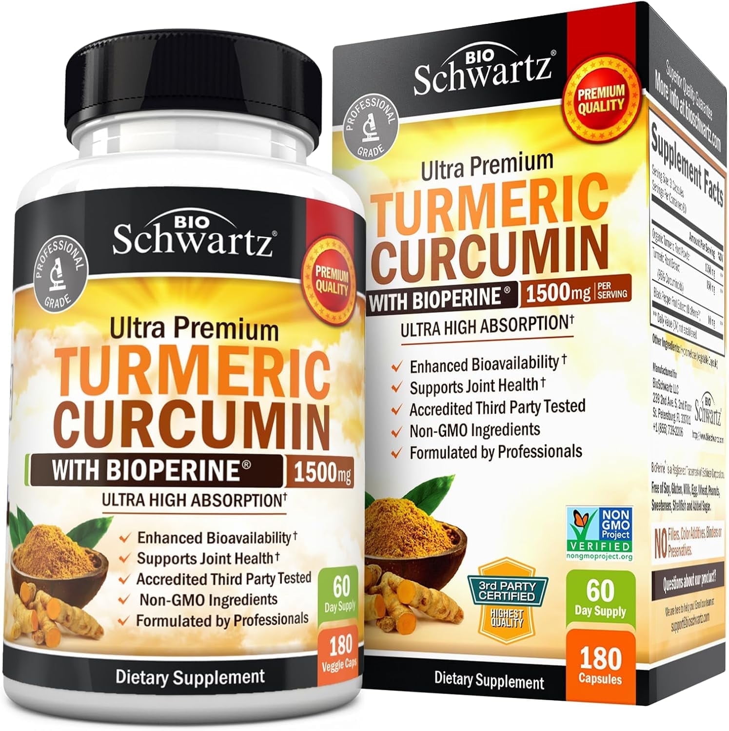 BioSchwartz 1500mg Turmeric Curcumin with BioPerine, 180 Capsules ...