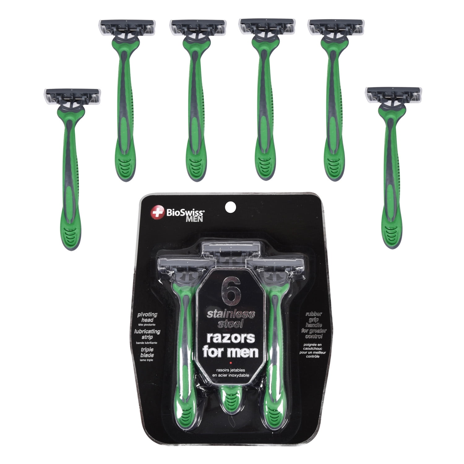 BioSwiss 3-Blade Stainless Steel Razors for Men, Green, 6 Count ...