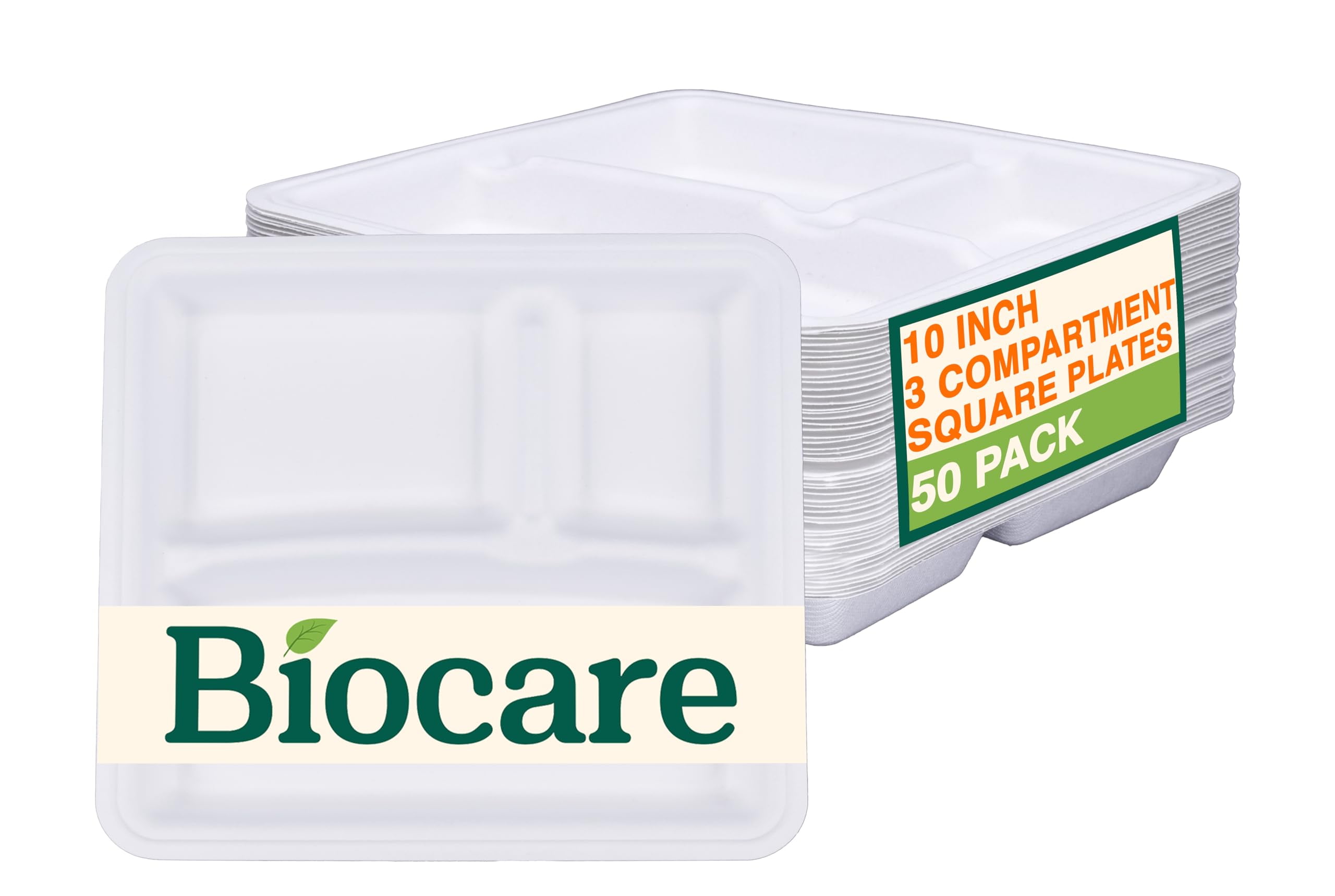 Biocare [10 MQH2 Inch 3 Compartment Square Plates [50 Compostable ...